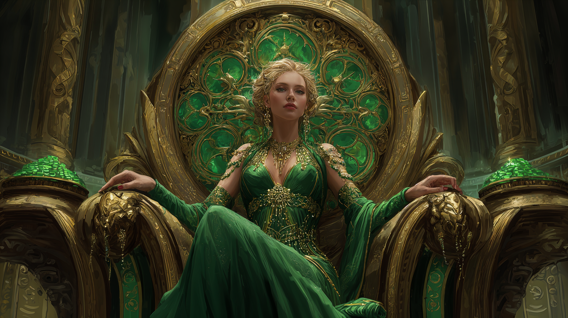 Emerald Royalty: Queen on the Throne — 4K Ultra HD Wallpaper by robokoboto