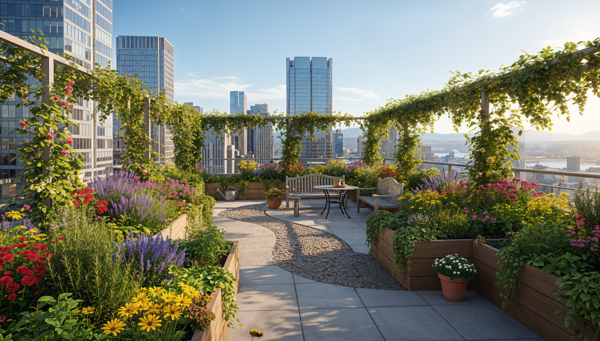 Skyline Rooftop Oasis — 4K Urban Garden Wallpaper by robokoboto
