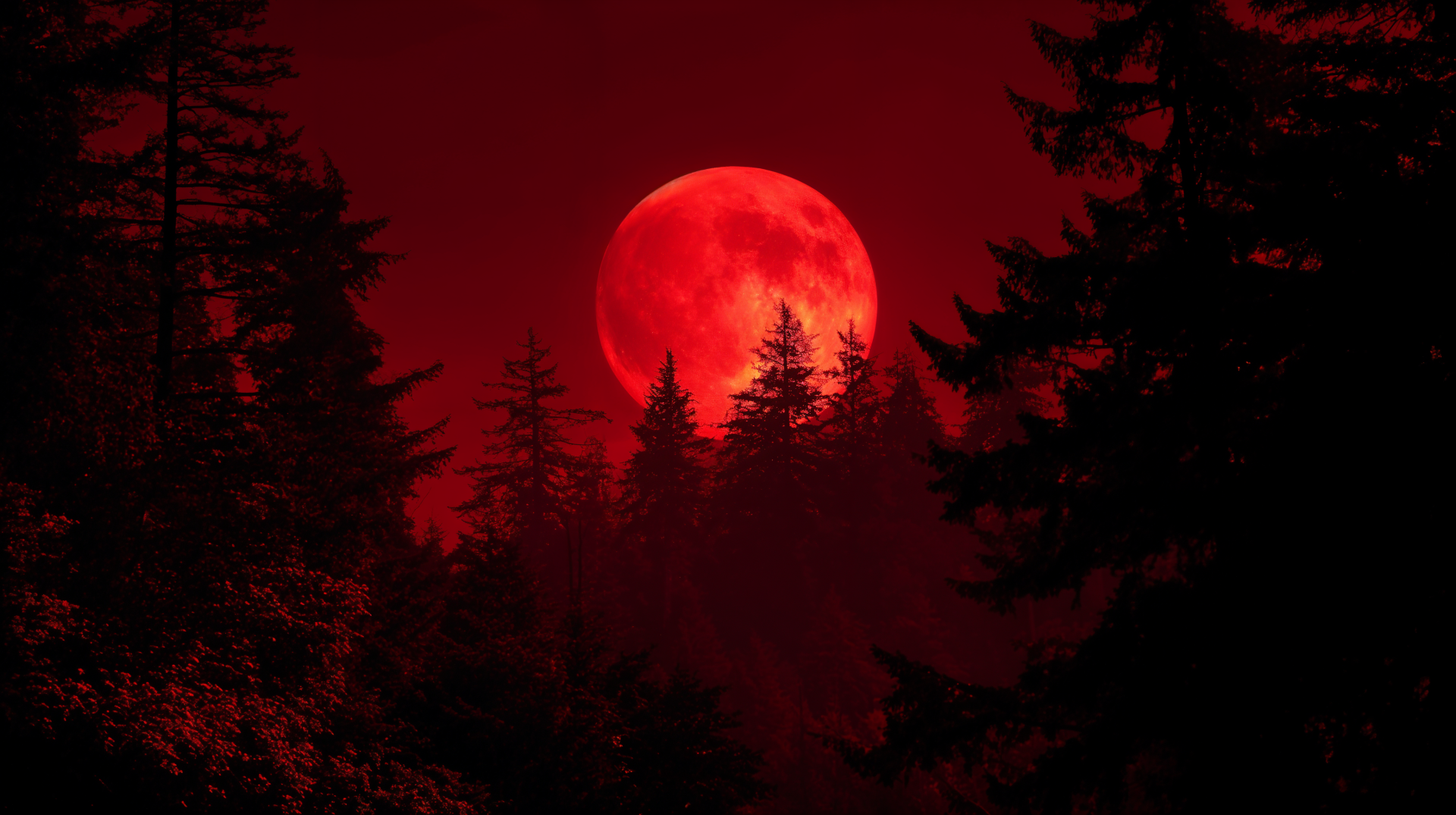 Crimson Moon — 4K Ultra HD: Blood-Red Moon Over Pine Silhouettes by ...