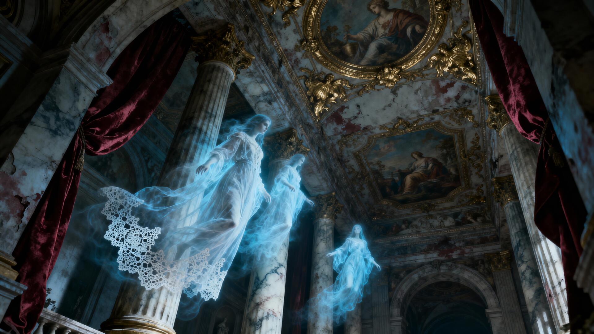 Baroque Specters in a Gilded Hall — 4K Ultra HD Wallpaper by QuantumCurator