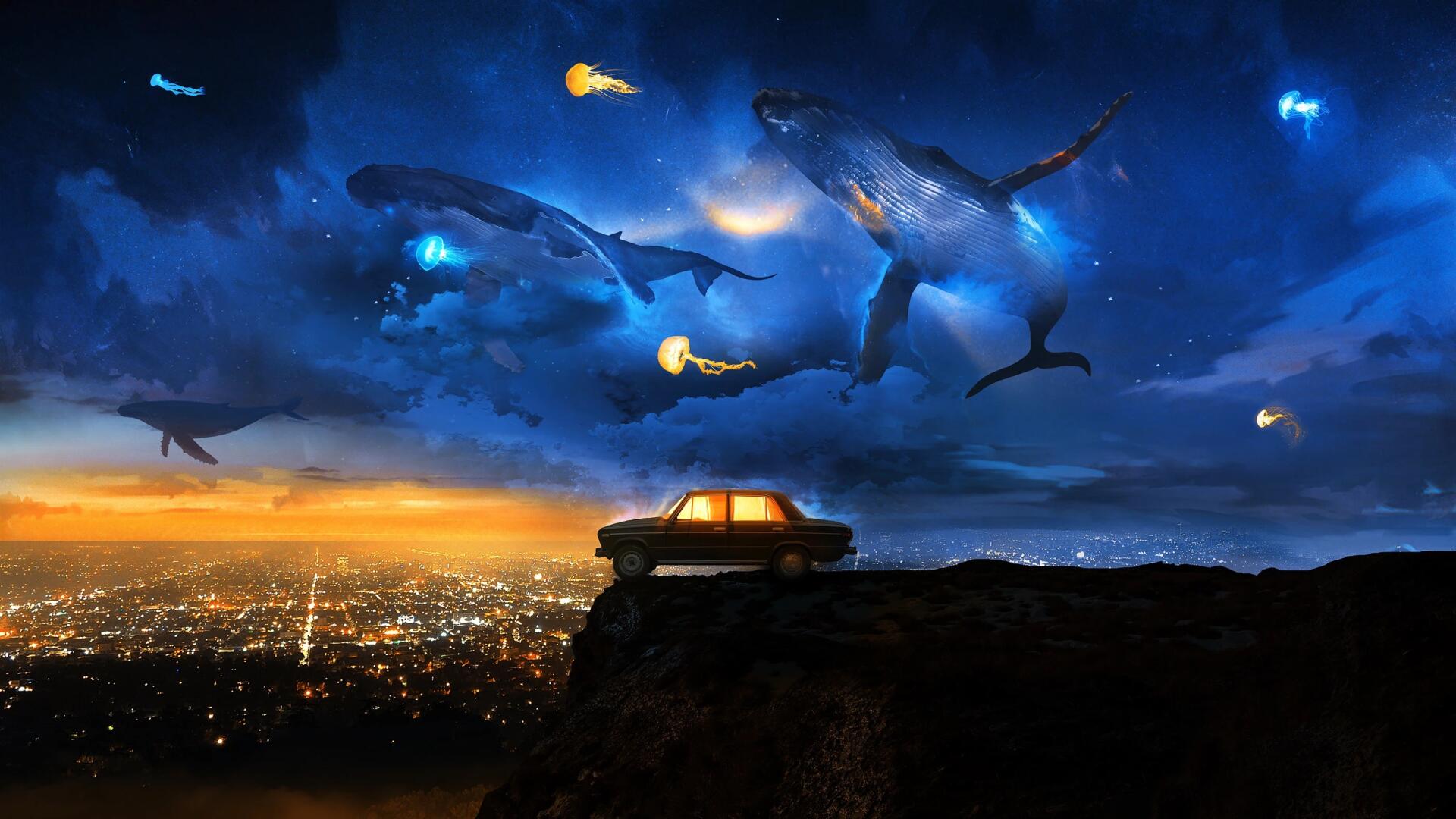 2K Night Whales Over the City — Car on Cliff Fantasy Wallpaper by ...
