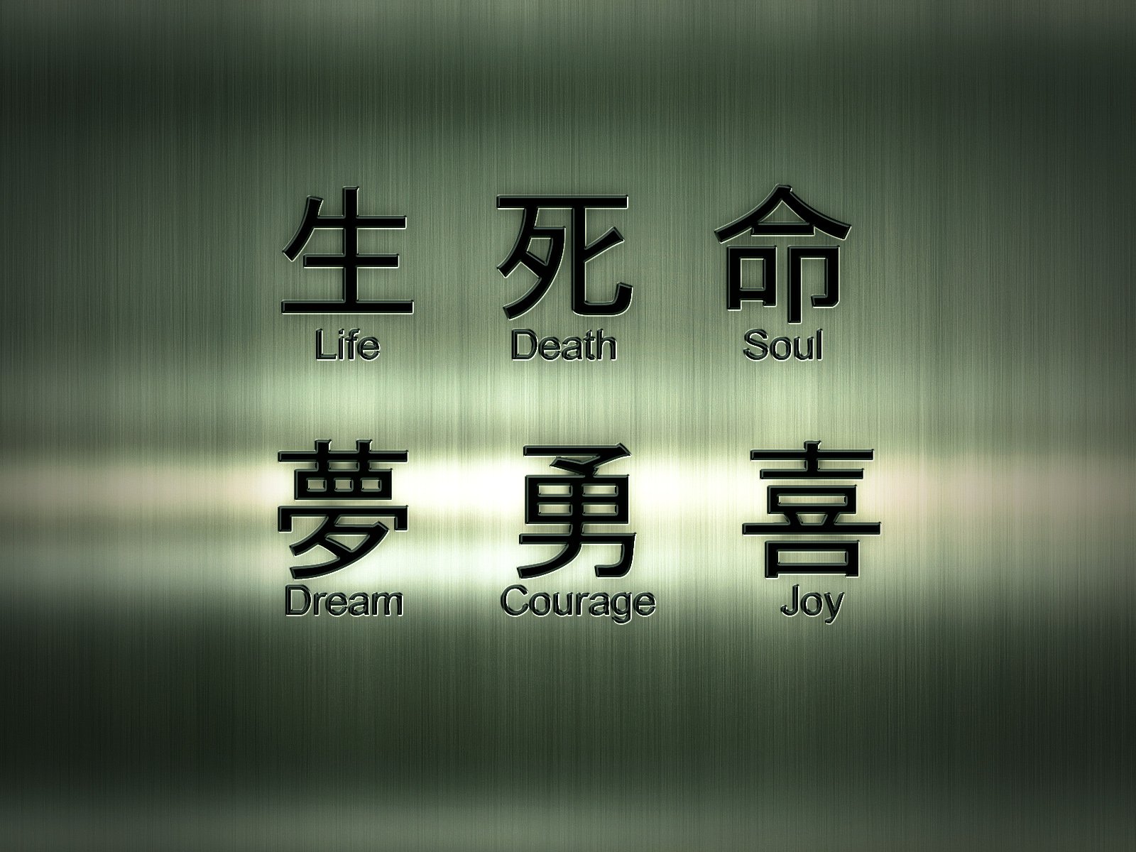 Spiritual Kanji: Life, Death, Soul; Dream, Courage, Joy — HD Wallpaper