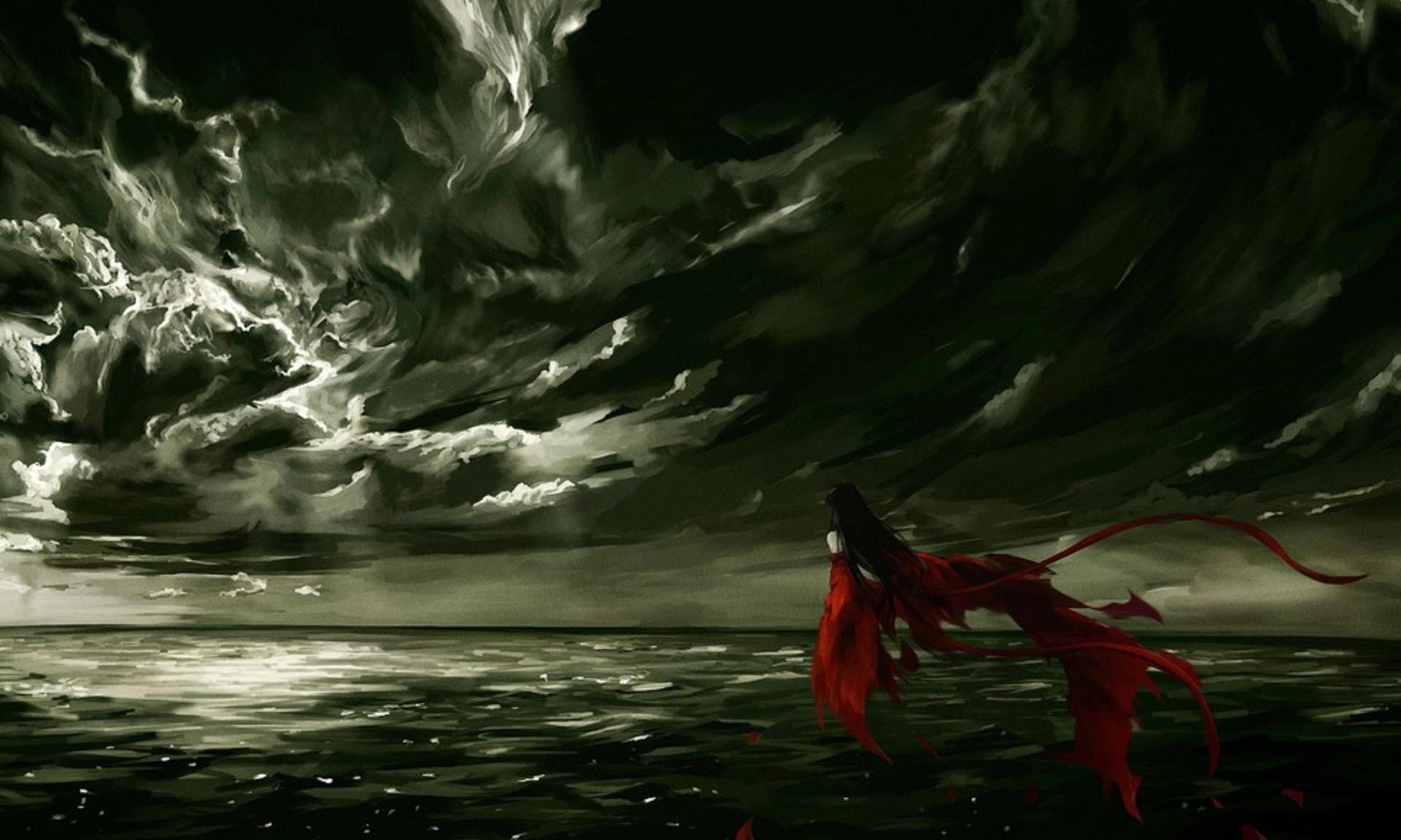Dark Fantasy Elegance: The Red and Black Enchantress HD Wallpaper