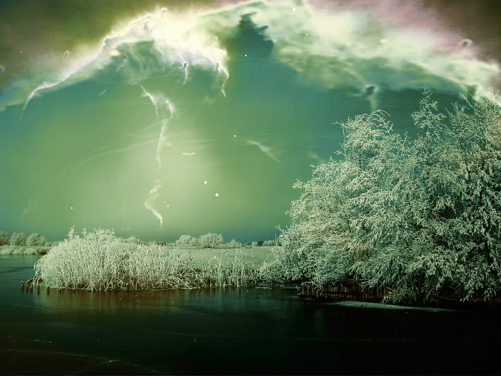 Emerald Aurora Over Frosted Lake — HD Winter Nature Wallpaper ...