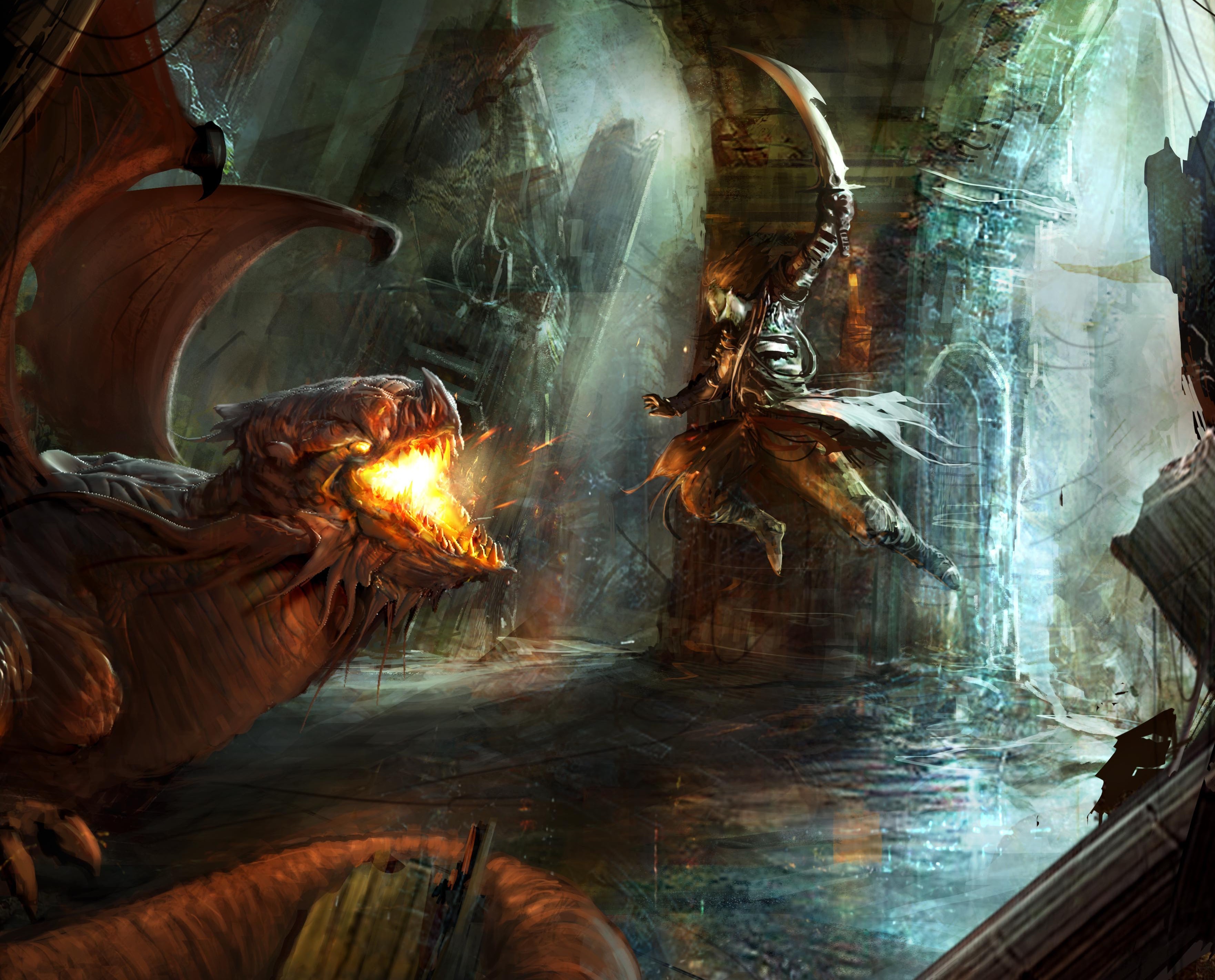 Dragon Duel HD Wallpaper: Epic Fantasy Warrior