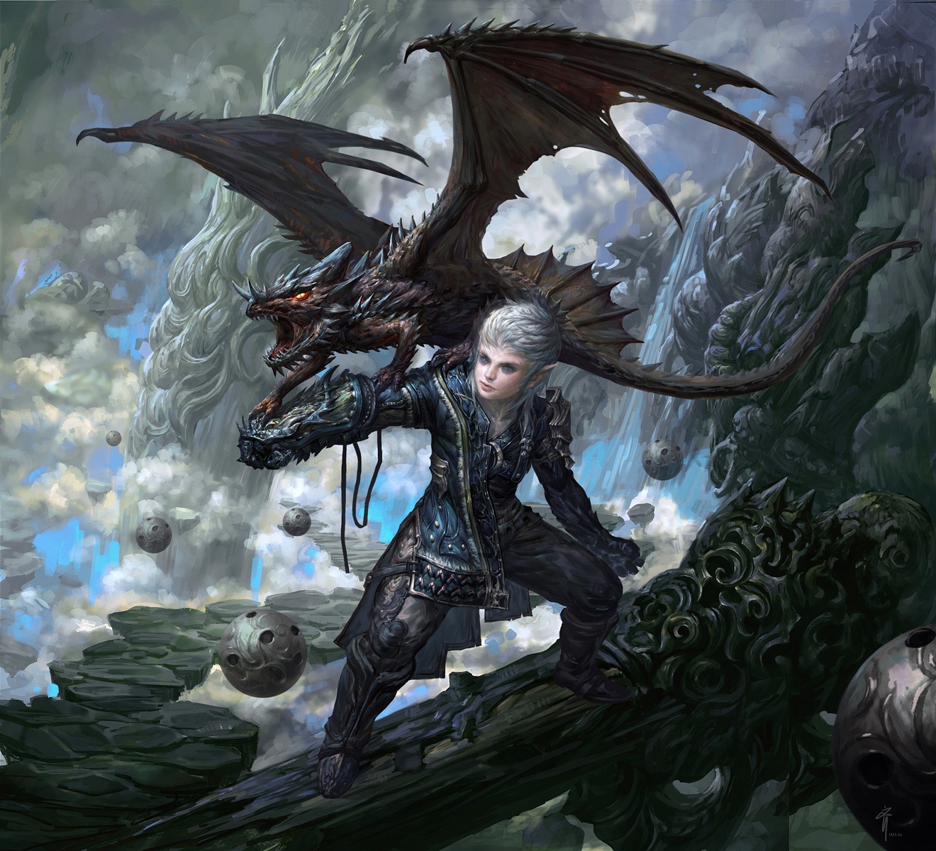 Epic Fantasy Elf Guardian with Dragon – HD Wallpaper