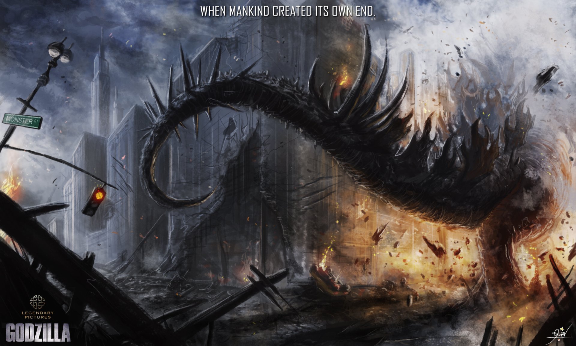 Godzilla 2014 HD Wallpaper: Rise of the Monster in Ruined Cityscape