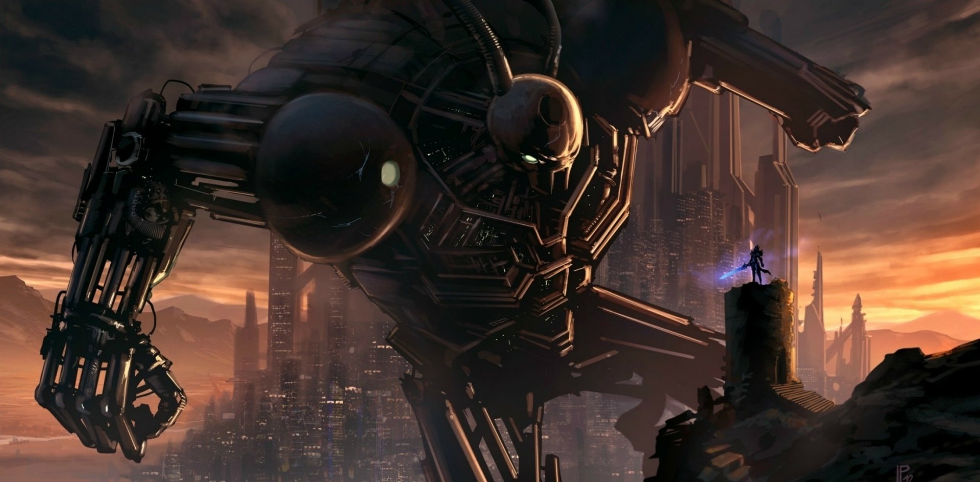 Epic Sci-Fi Robot HD Wallpaper: A Clash of Giants by Pierre Loyvet