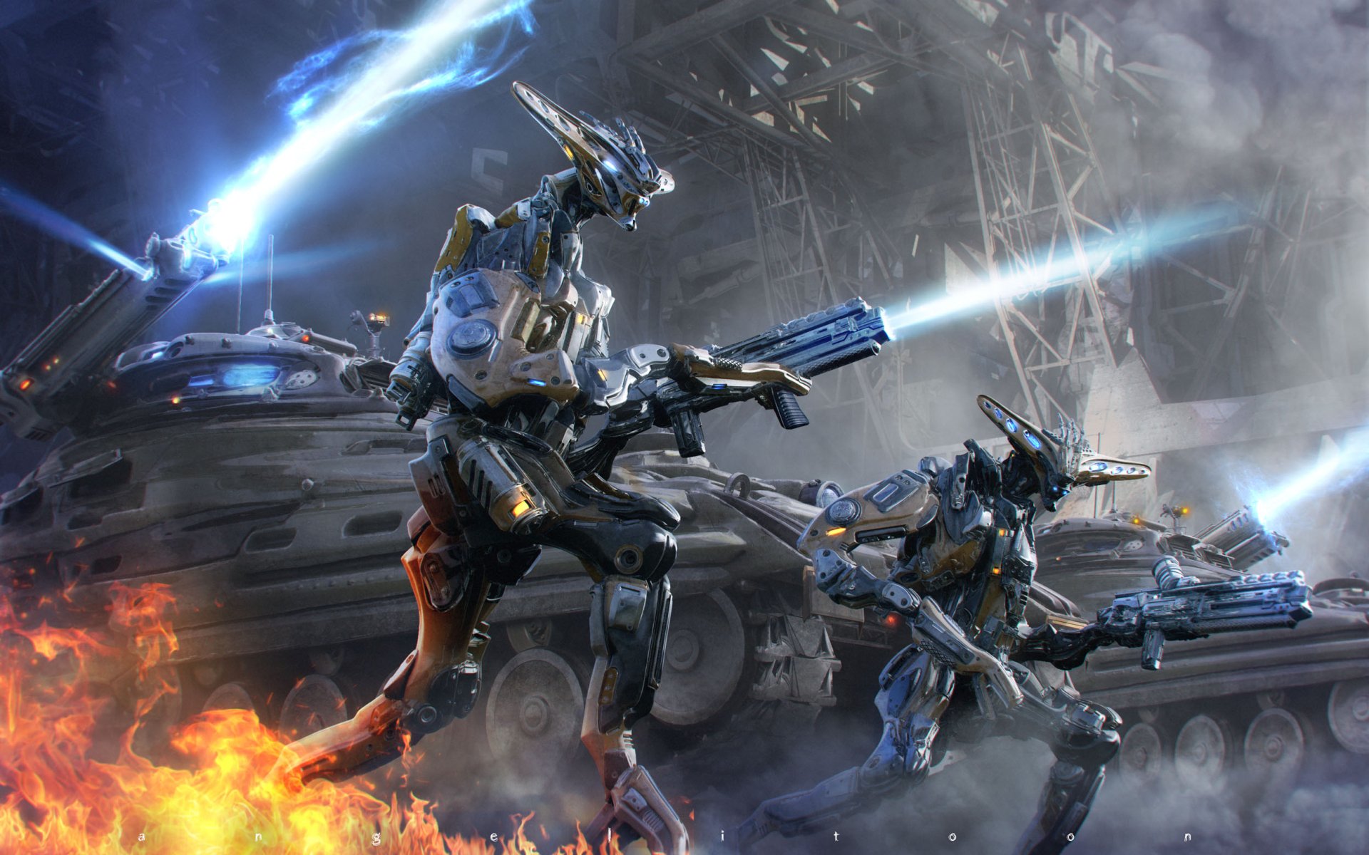 Epic Sci-Fi Robot Warriors: HD Wallpaper of Futuristic Battle by Angel Alonso