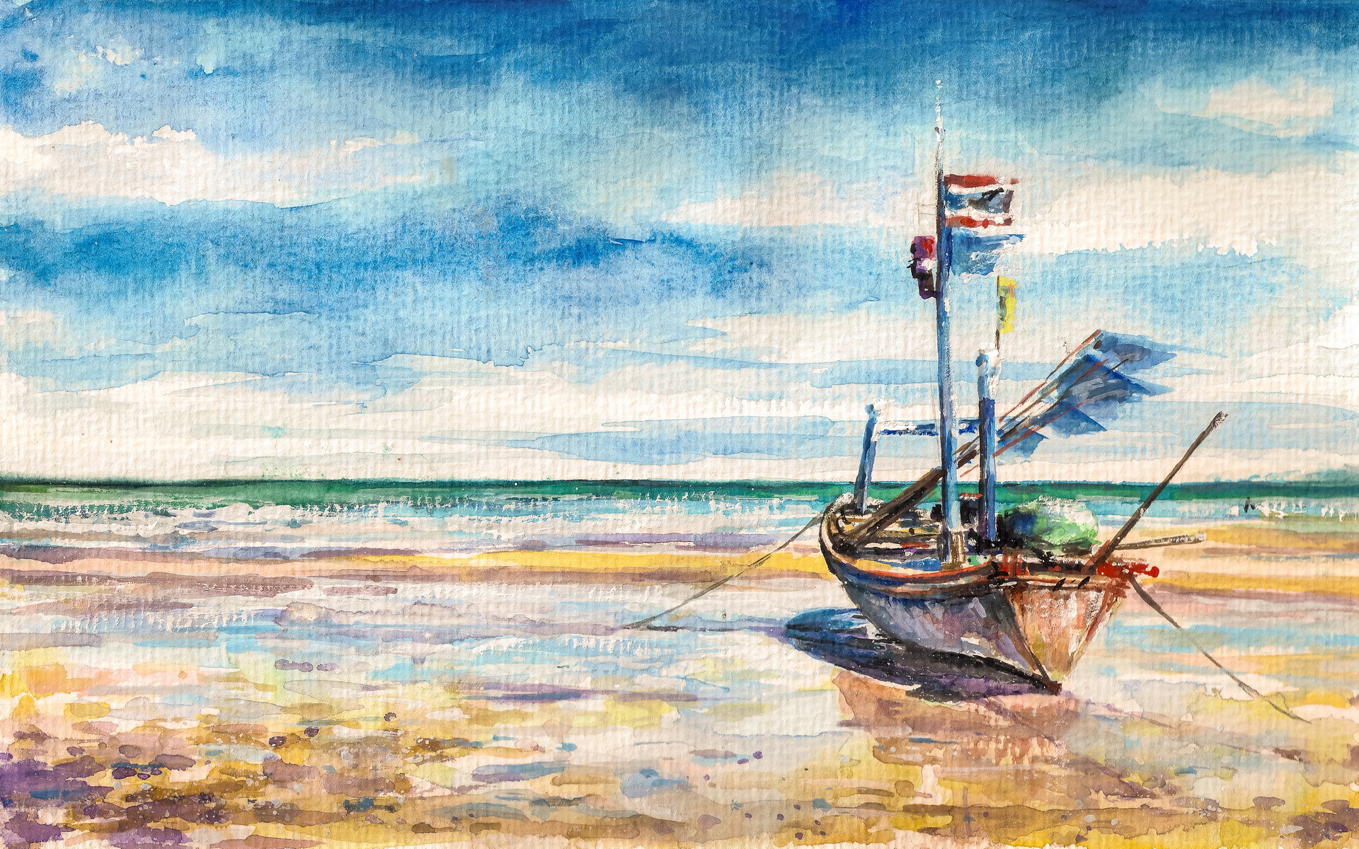 Serene Shore: Artistic HD Painting of a Lone Boat