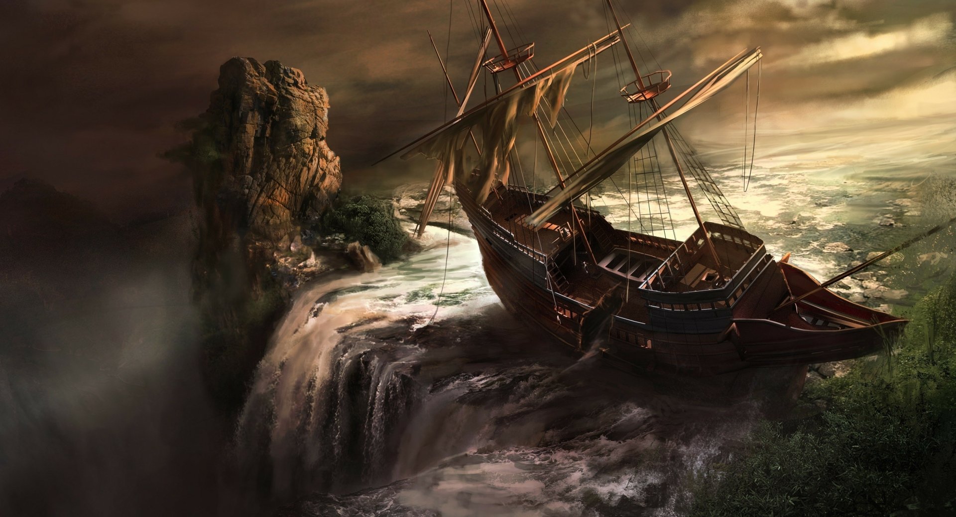 Fantasy Voyage: The Waterfall Edge Wallpaper | 3400x1840 | Wallpaper Abyss