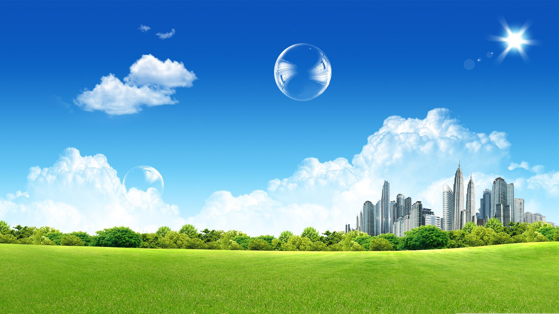 Spring Fantasy HD: Vibrant Blue and Green Landscape Skyline