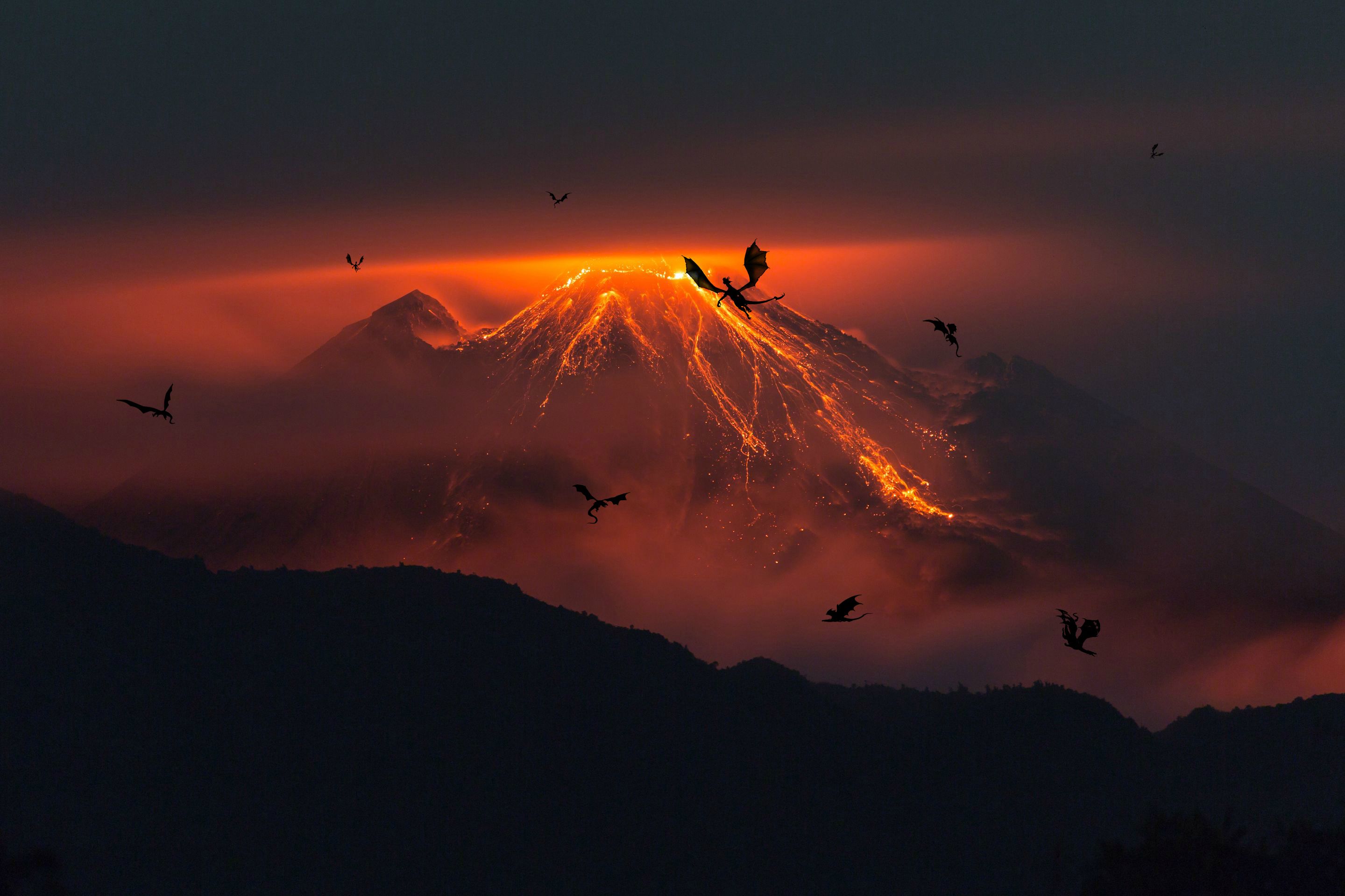 Epic Fantasy Dragon Soars Over Fiery Volcano – HD Wallpaper