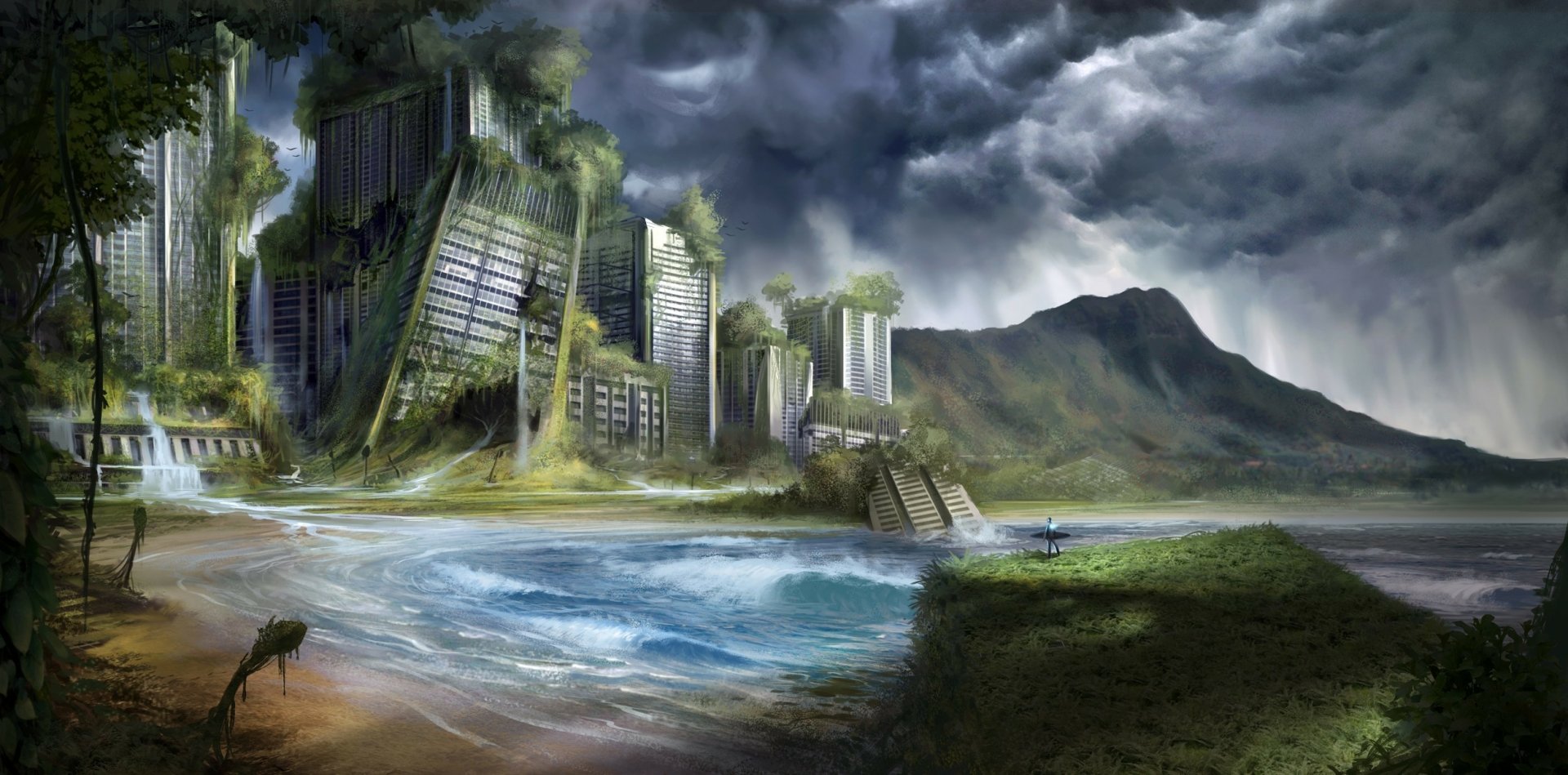 Sci-Fi Ruins: Post-Apocalyptic Sea Landscape HD Wallpaper