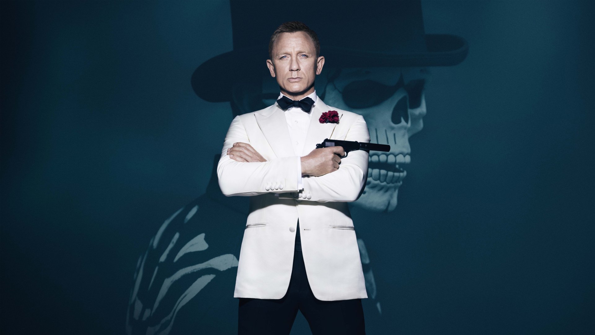 Spectre 8K Ultra HD: White Tux, Gun & Skull Shadow