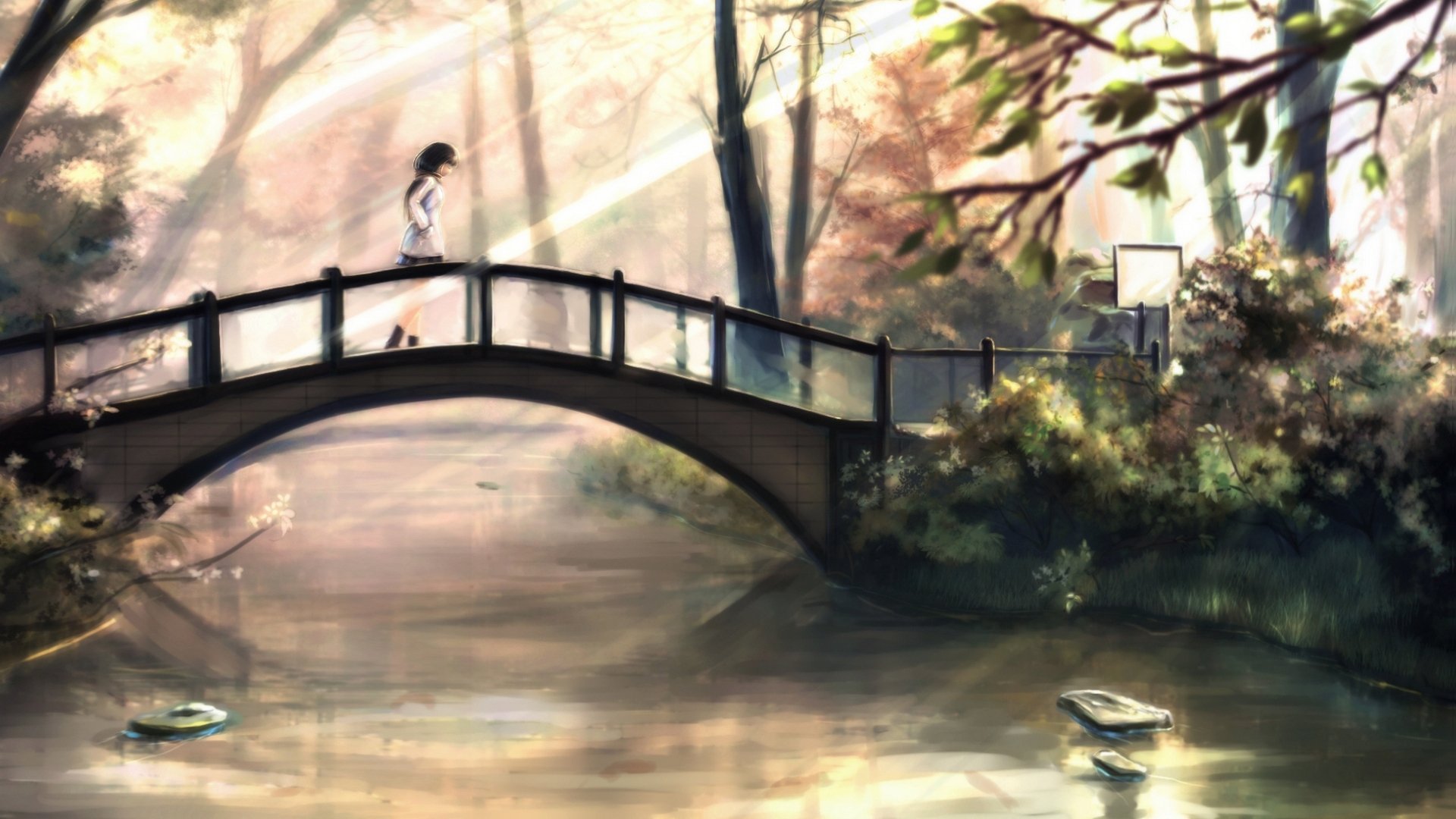 Sunlit Bridge Walk: Anime Schoolgirl in Scarf Amid Autumn Bushes