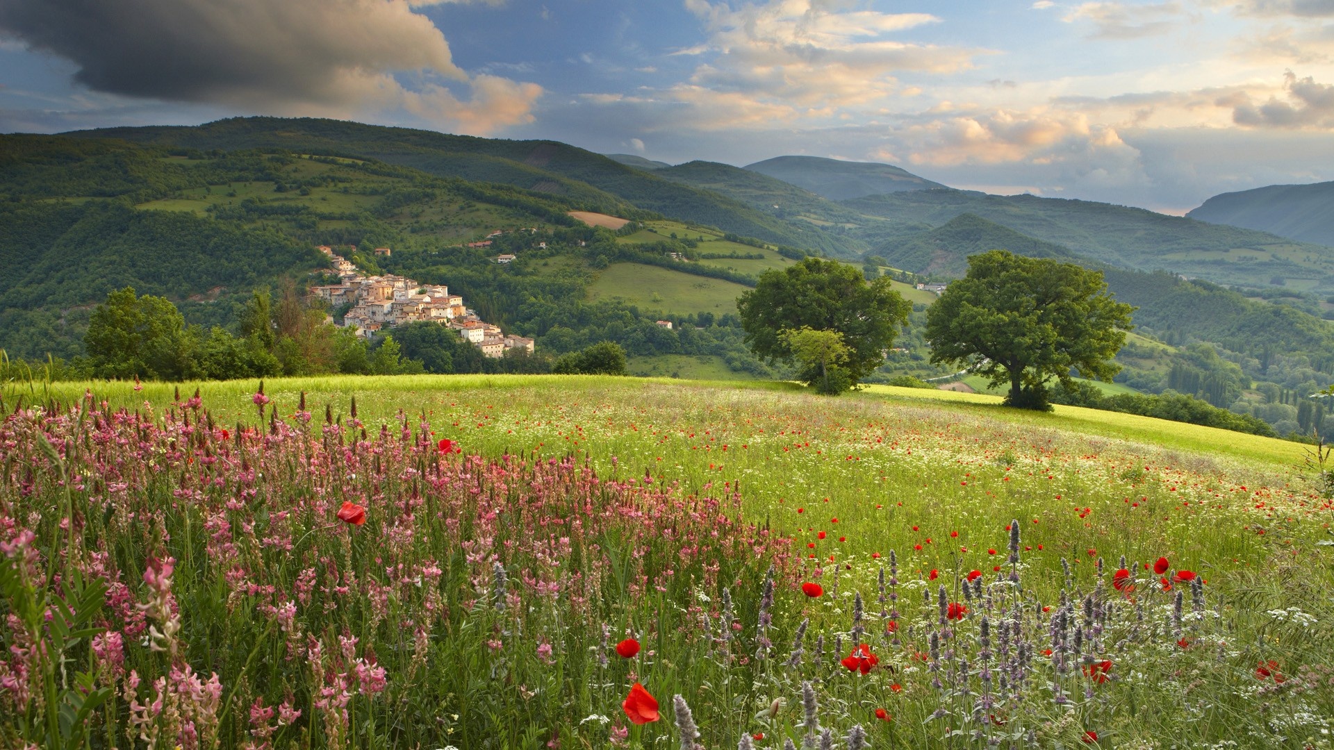 Spring Serenity: HD Wallpaper of a Mountain Village in Bloom