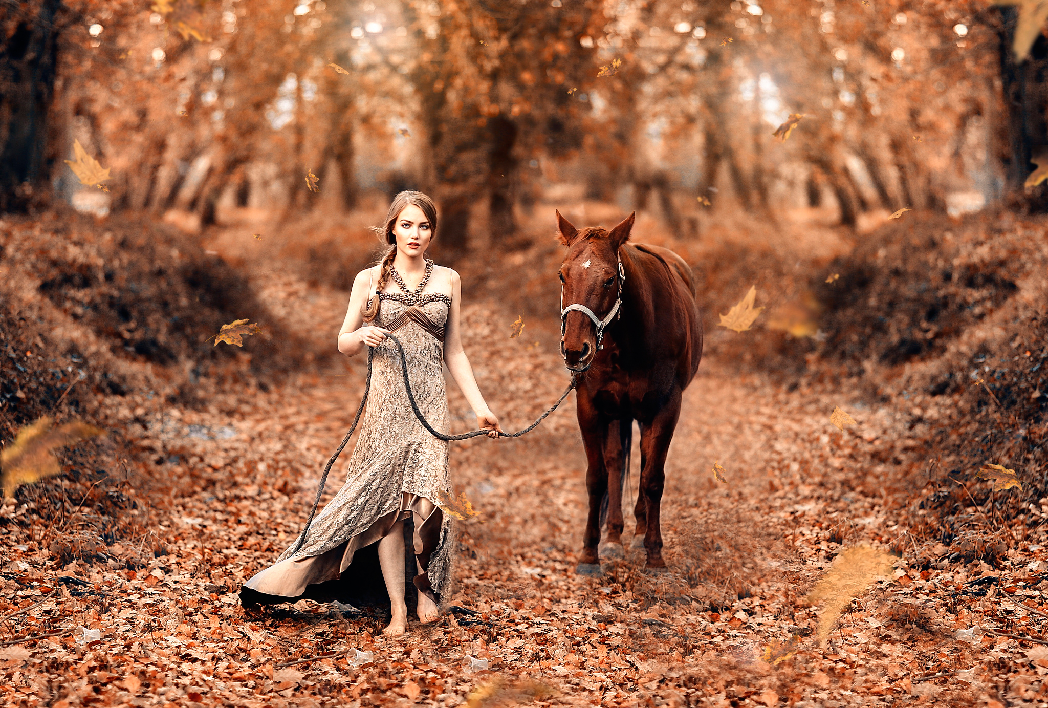 Autumn Elegance: A Stunning HD Wallpaper of a Woman and Horse by ...