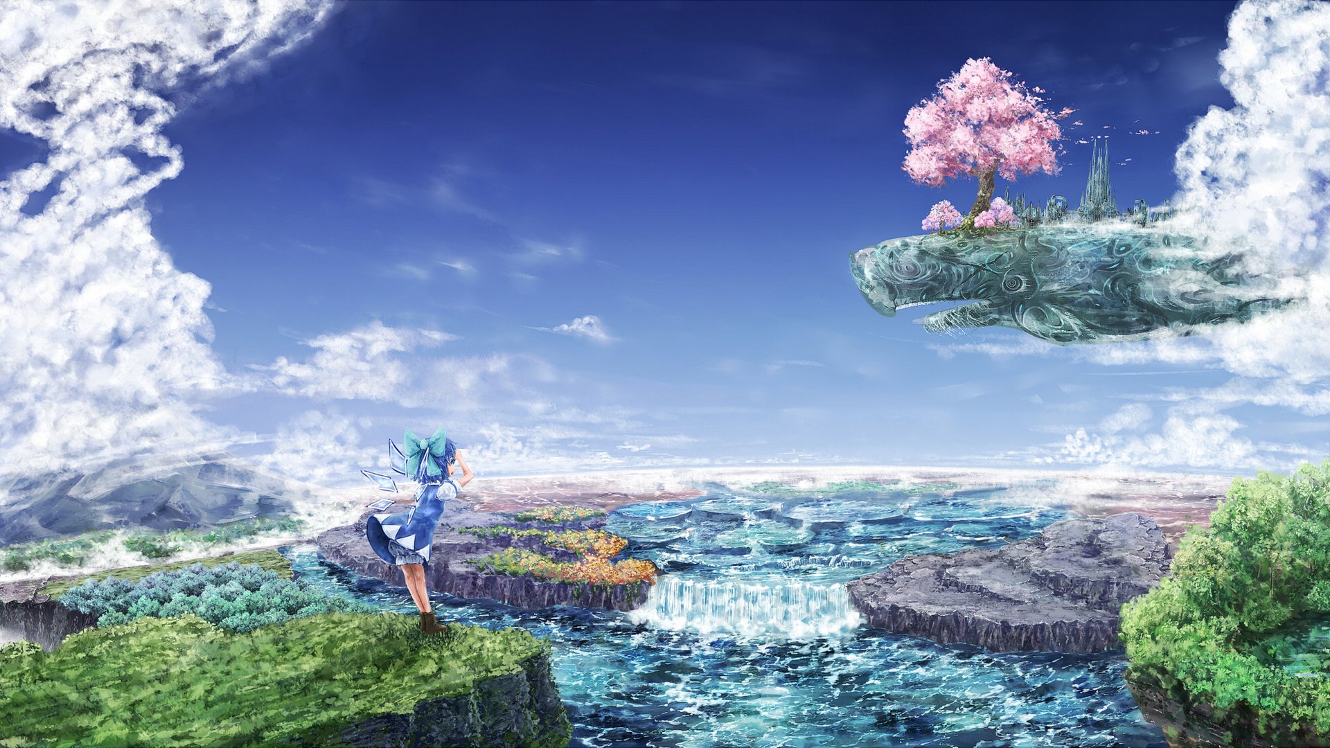 Gensokyo's Floating Isles: Anime Waterfall Serenity with Blue-Haired ...