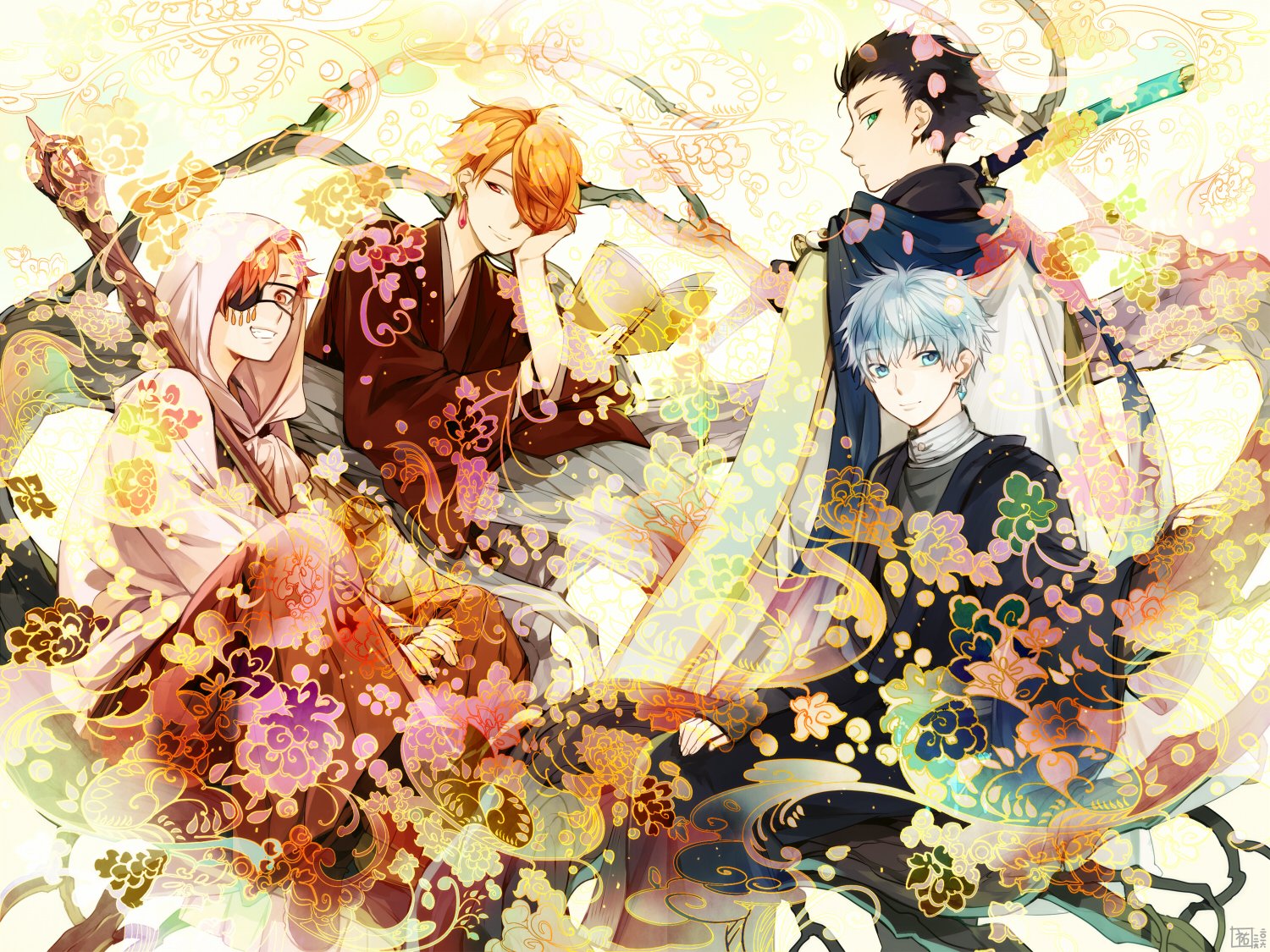 Vibrant Anime Warriors: Katana Clash of Red, Green & Blue-Eyed Samurai