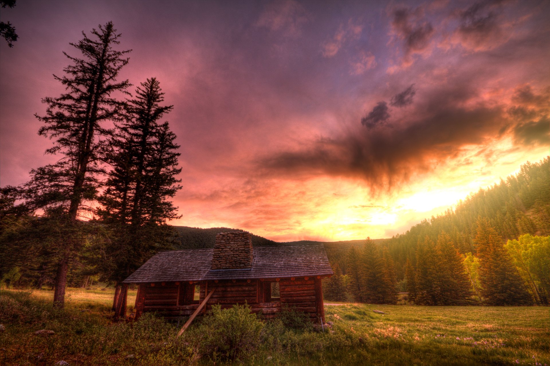 Download Sunset Forest Tree Landscape Mountain Man Made Cabin HD Wallpaper