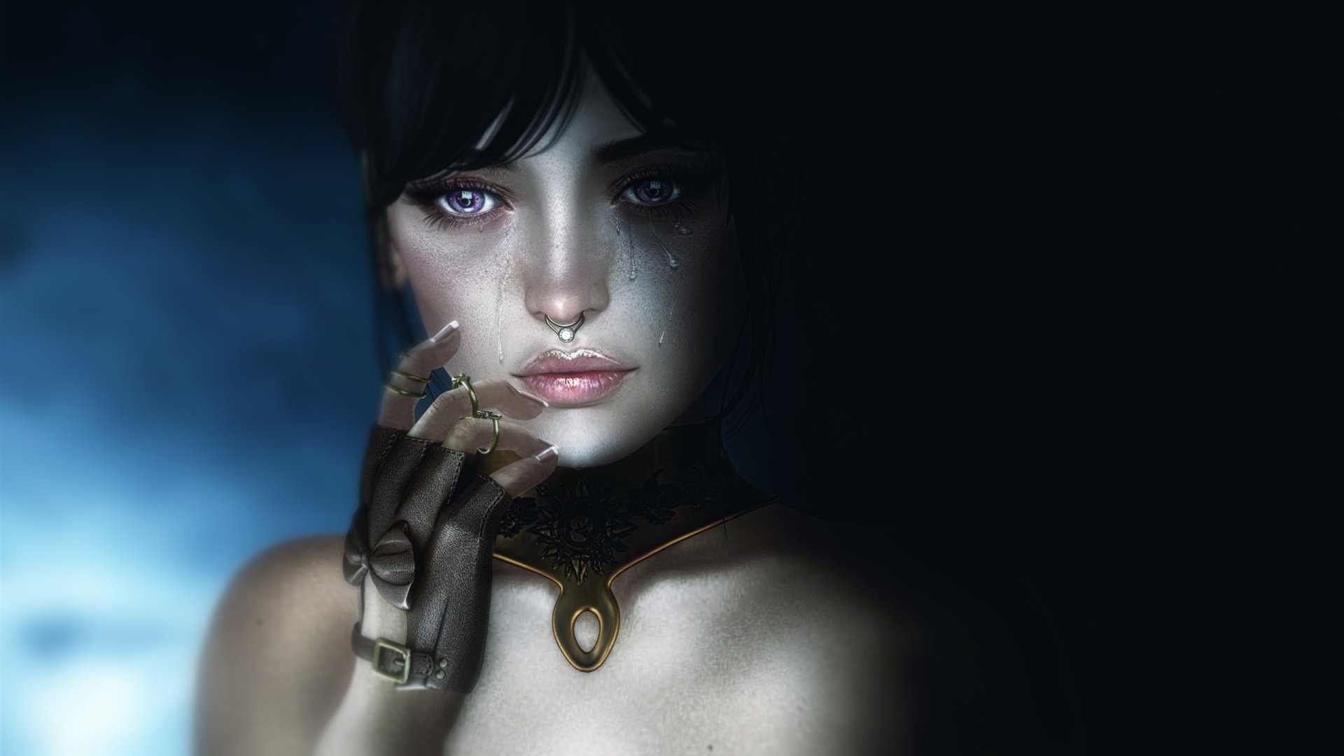 Download Purple Eyes Tears Face Close-up Crying Fantasy Woman HD Wallpaper