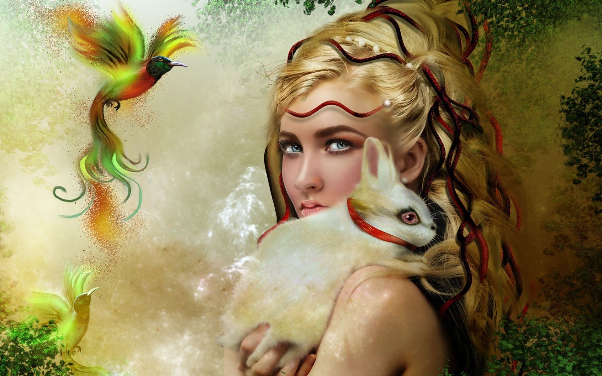 Download Blue Eyes Bird Rabbit Blonde Fantasy Woman HD Wallpaper