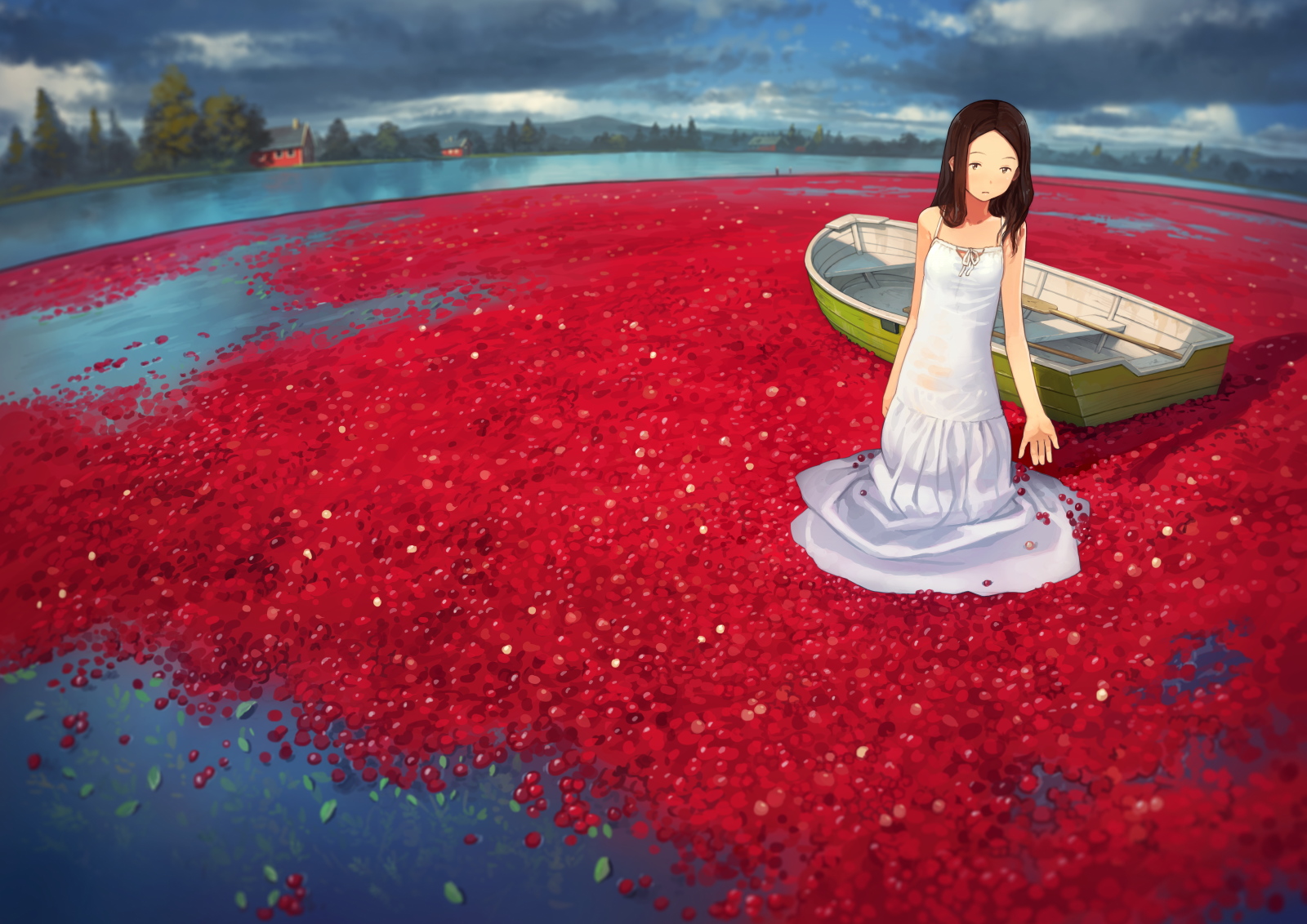 Download White Dress Brown Hair Long Hair Cloud Red Dress Water Boat ...