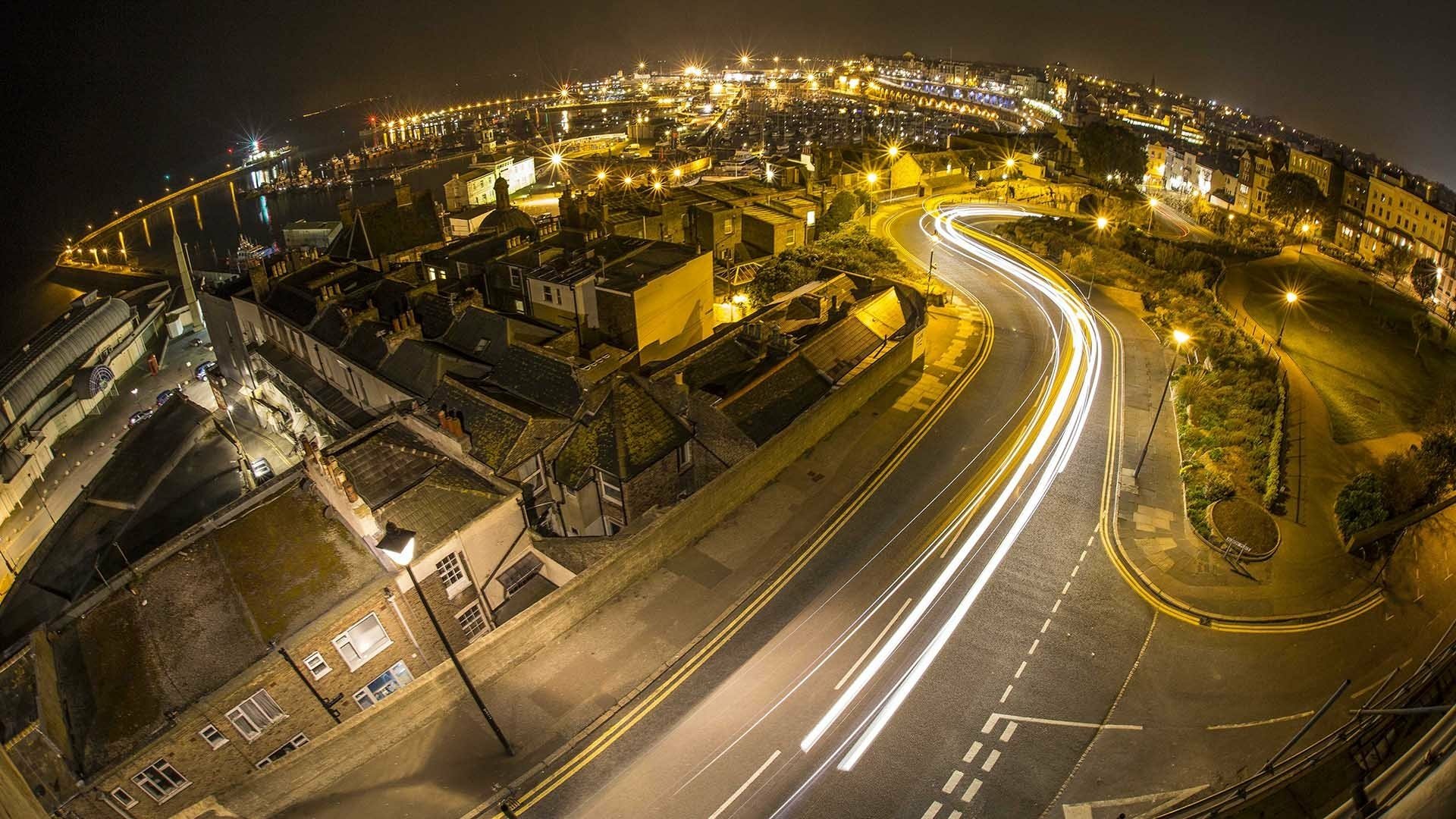 Fisheye Cityscape Time-Lapse Road Wallpaper