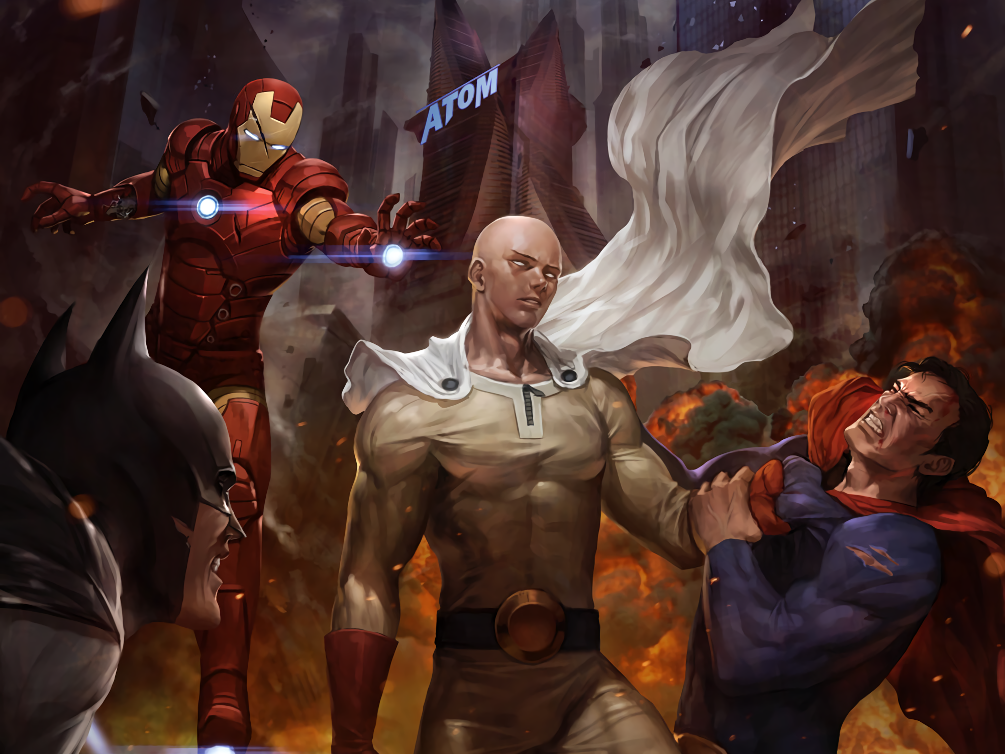 Epic Anime Crossover HD Wallpaper: Batman, Superman, Iron Man, Saitama