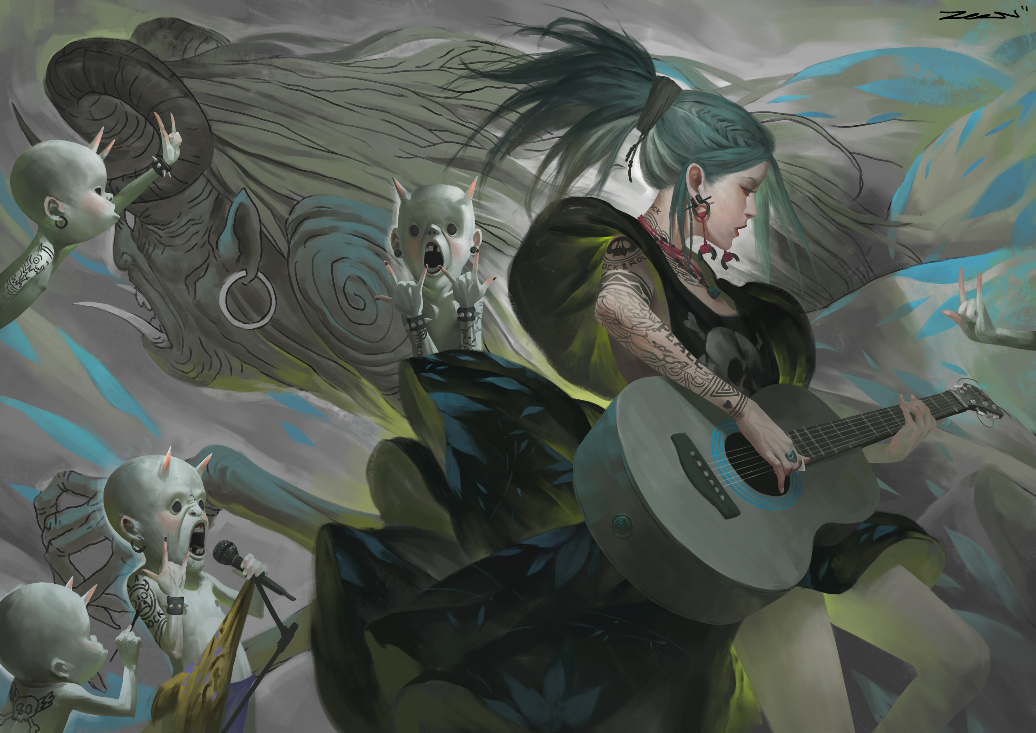 Fantasy Tattooed Muse: Woman Playing Guitar with Enchanting Creatures ...