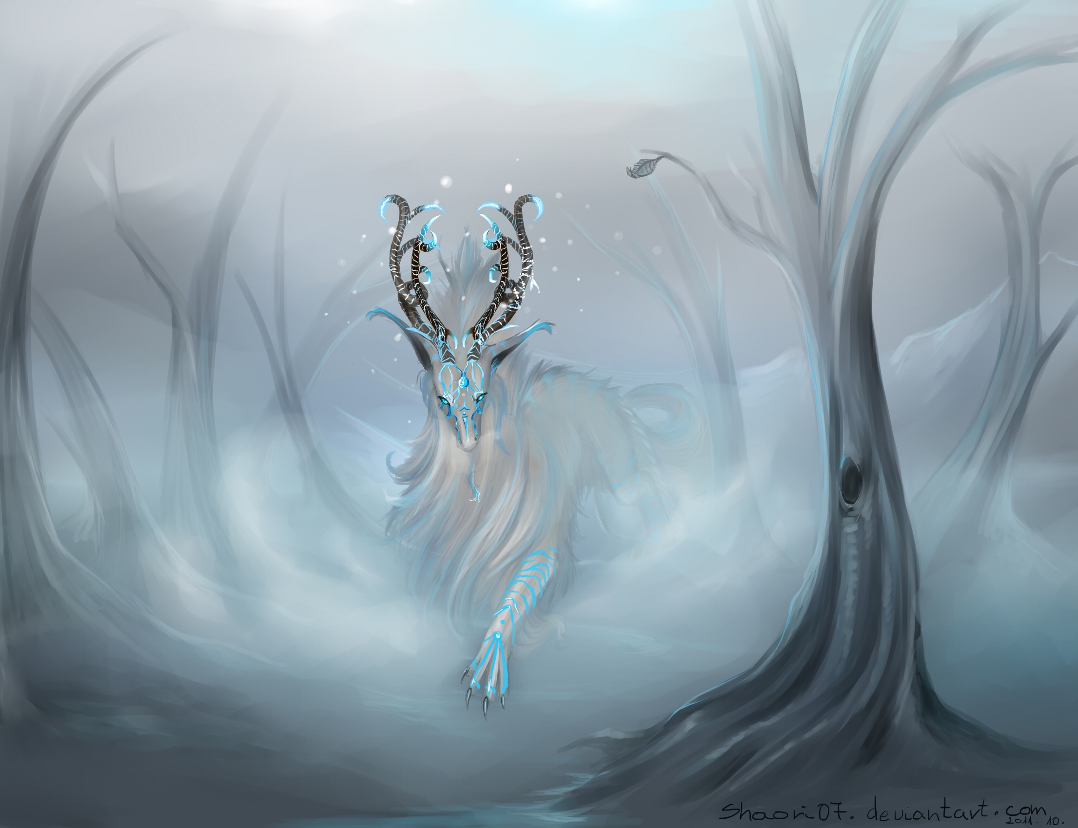 Download Horns Fog Forest Fantasy Creature HD Wallpaper by Shaori07