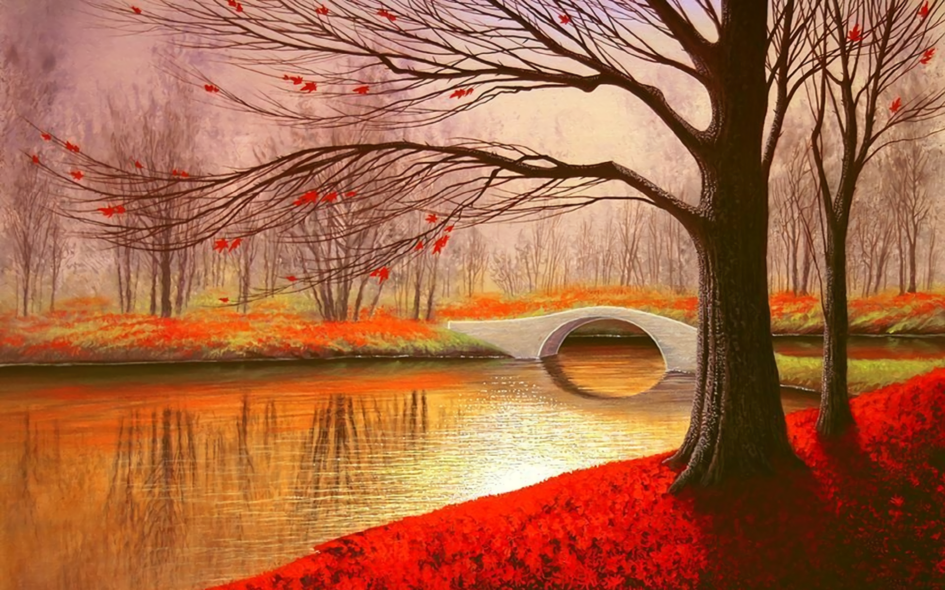 Download Bridge River Tree Fall Artistic Painting HD Wallpaper