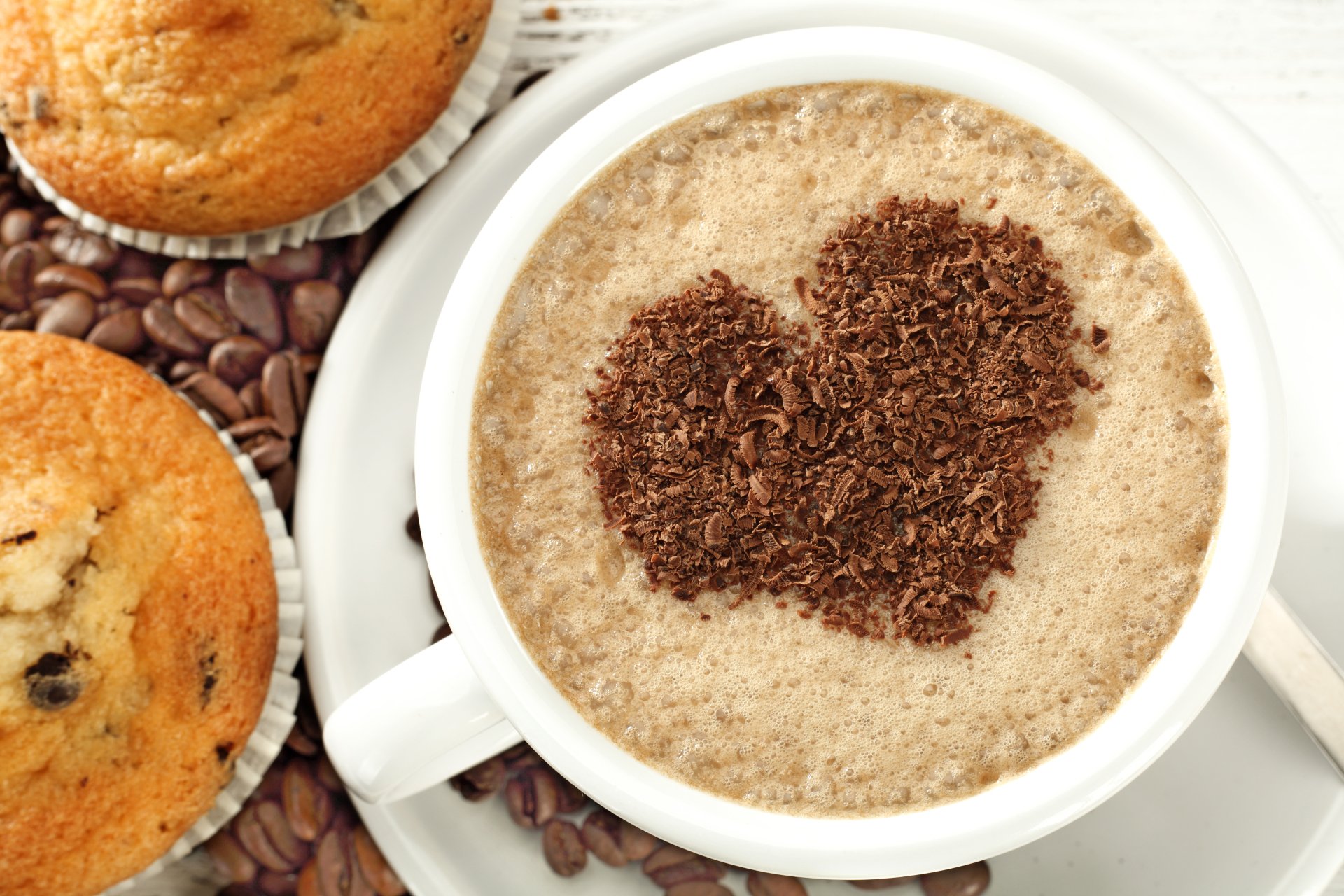 5K Coffee Love: Heart Latte & Muffins | 5616x3744 | Wallpaper Abyss