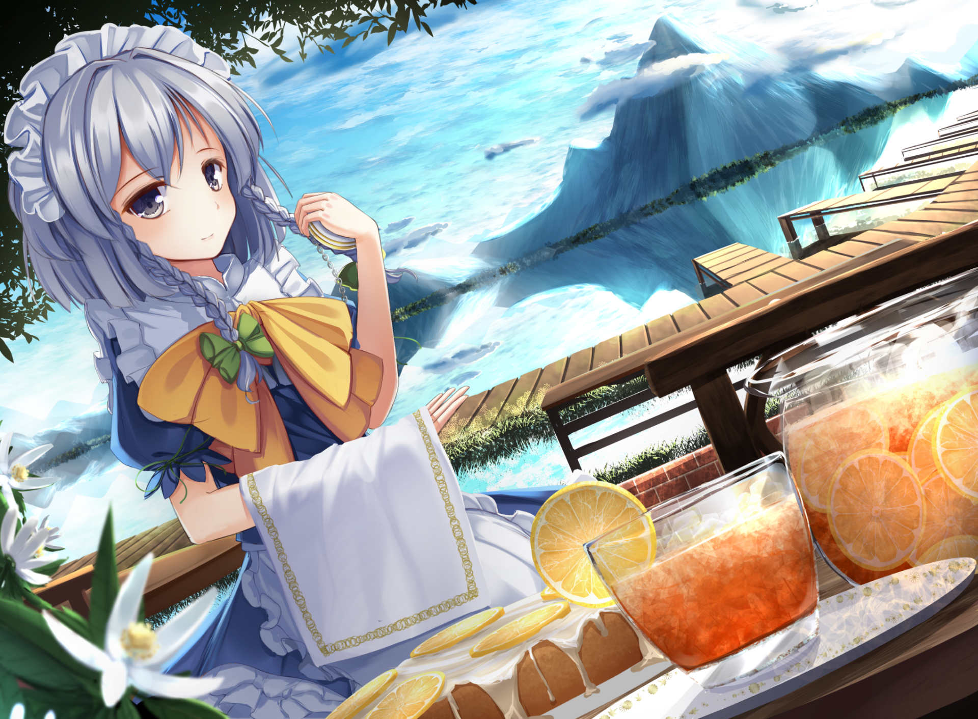 Download Purple Eyes Sky Cloud Mountain Drink Maid Bow (Clothing) Smile ...