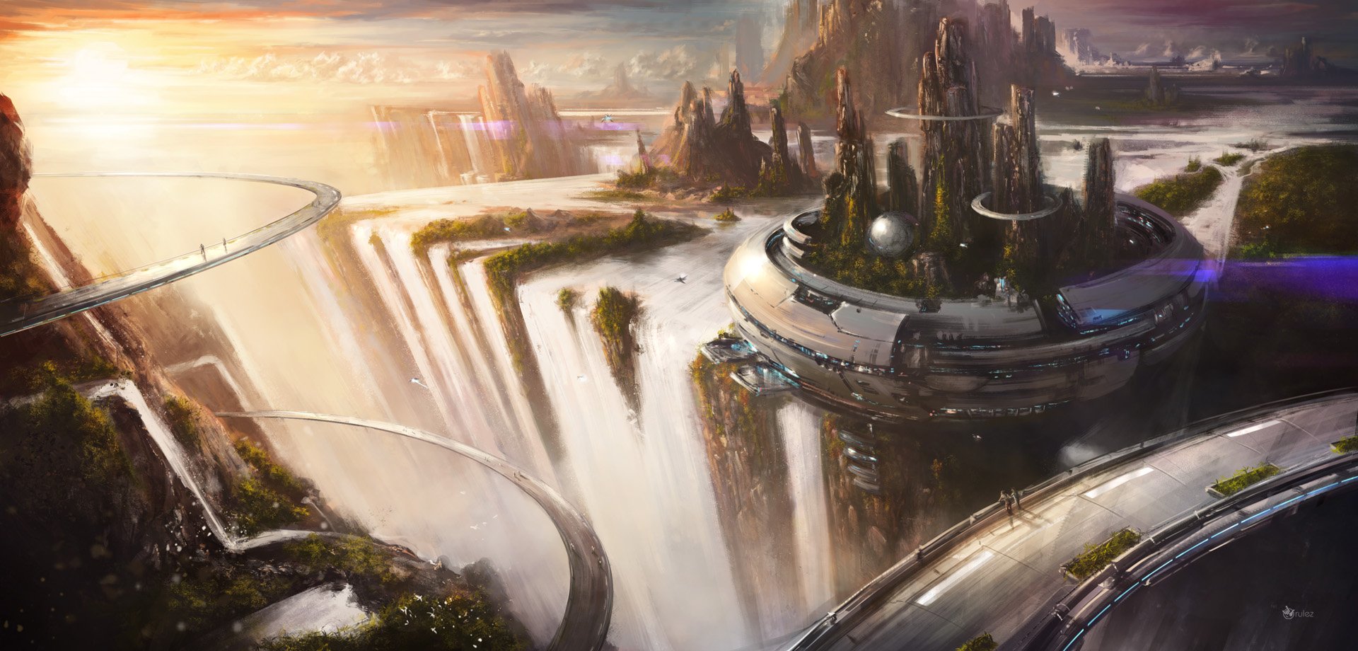 Futuristic Waterfall Landscape: Stunning HD Wallpaper by Dmitriy Kuzin