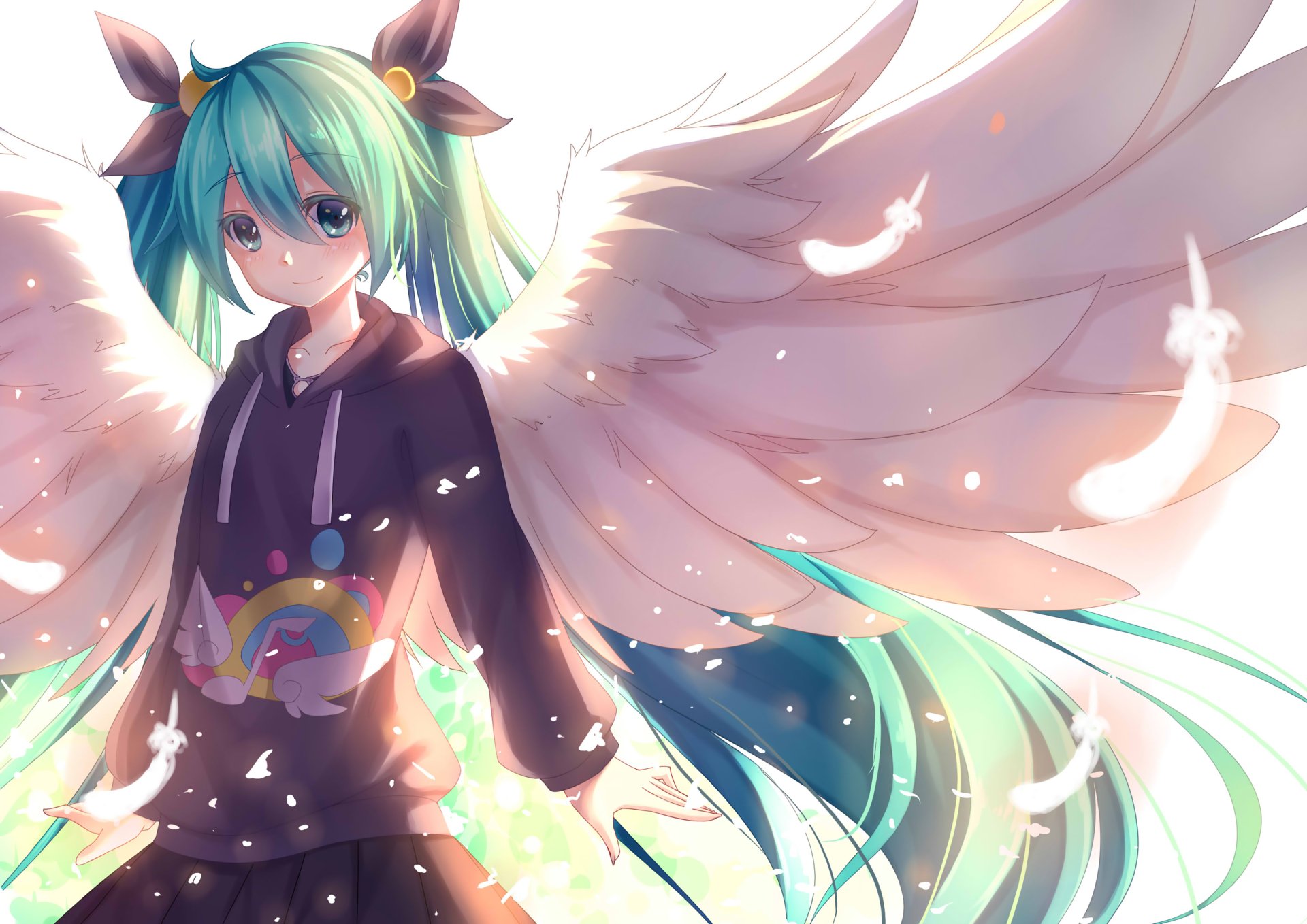 HD Wallpaper of Aqua-Haired Angelic Hatsune Miku with Wings by Akabane