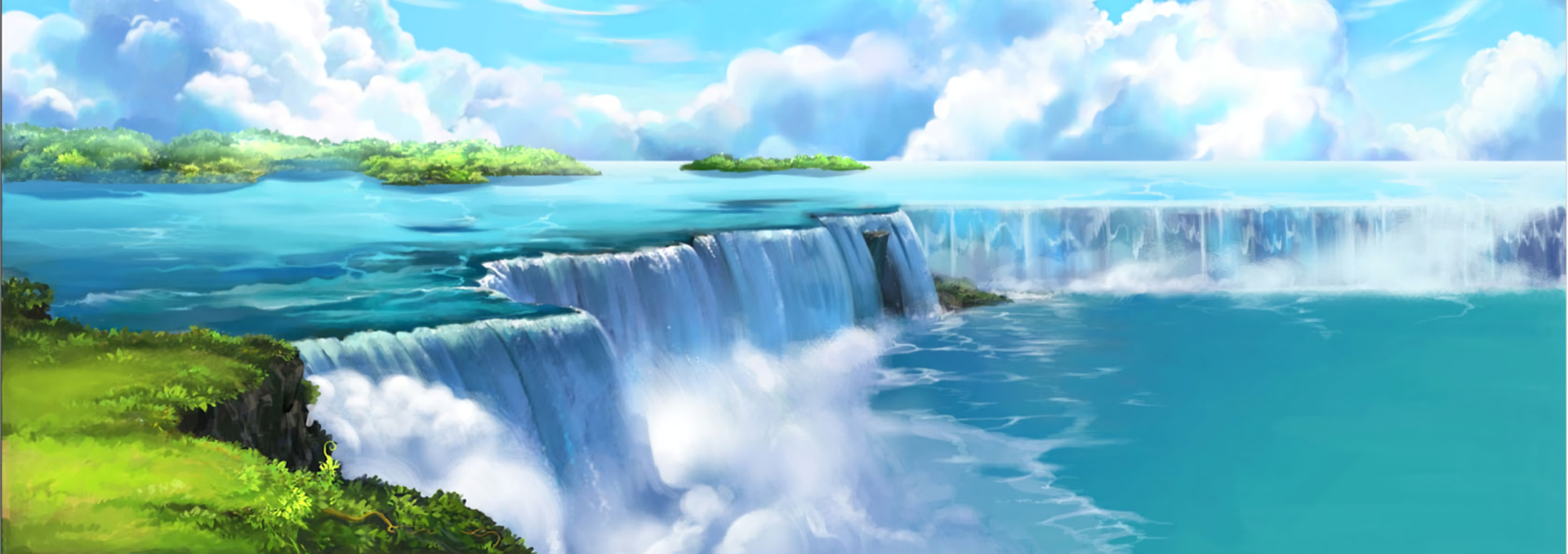 Serene Blue Anime Waterfall - HD Wallpaper