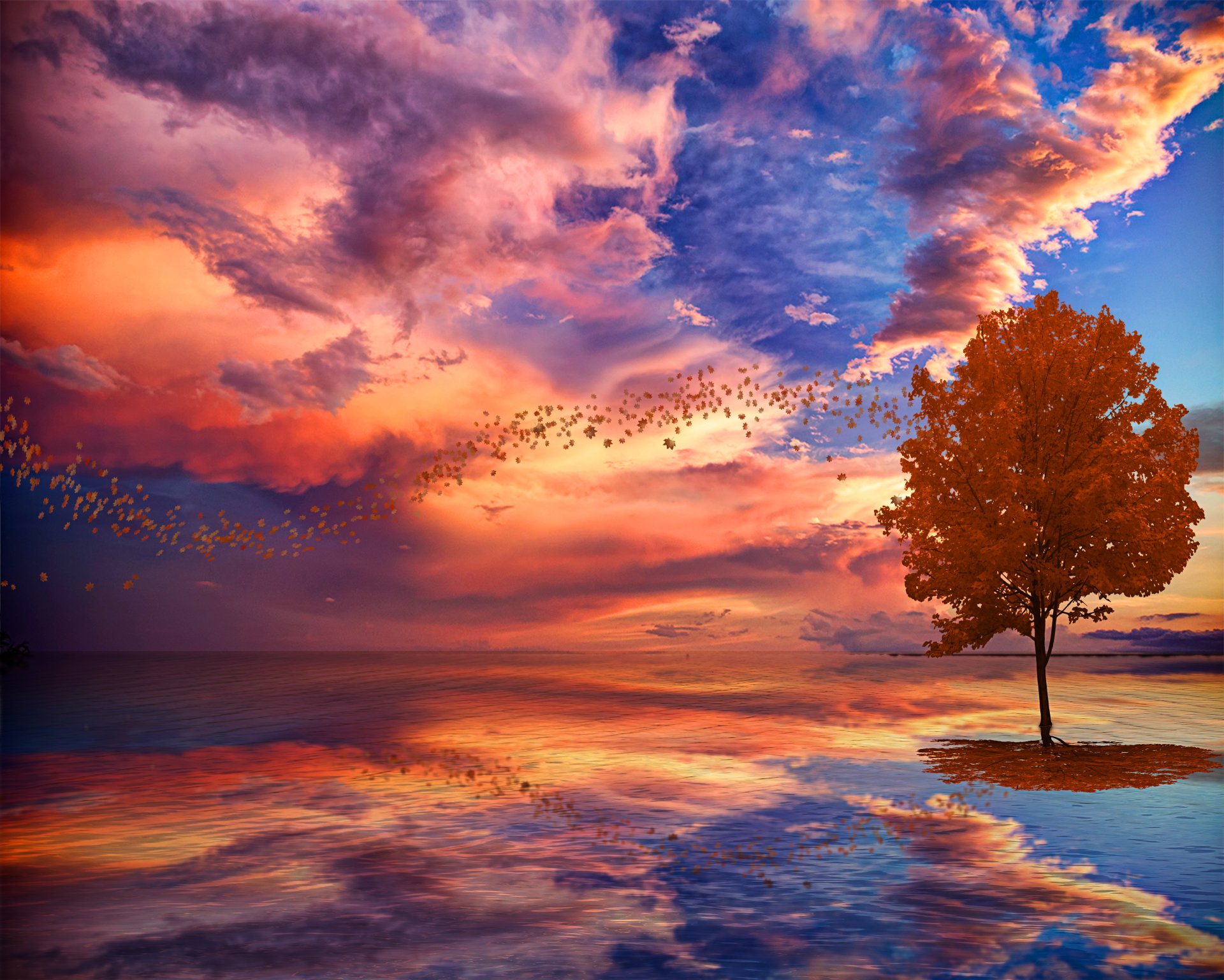 4K Ultra HD Vibrant Ocean Sky with Birds & Tree – Artistic Cloudscape ...