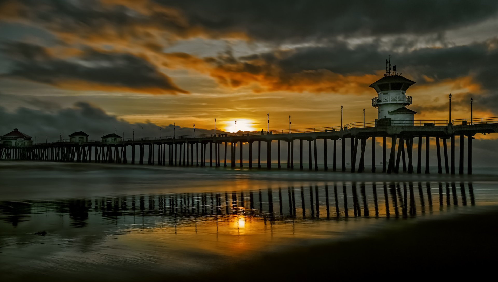 Download Sky Sunset Ocean Reflection Man Made Pier HD Wallpaper