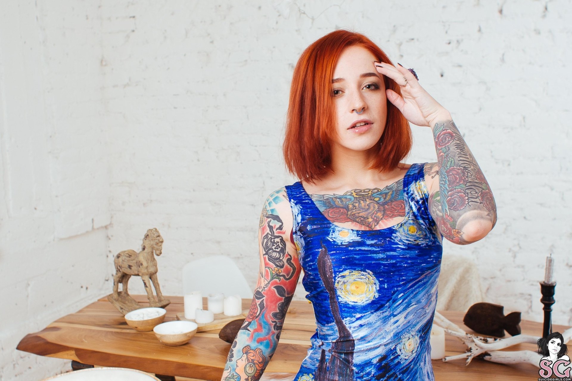 Vibrant Redhead Tattooed Model – HD Artistic Wallpaper Showcase