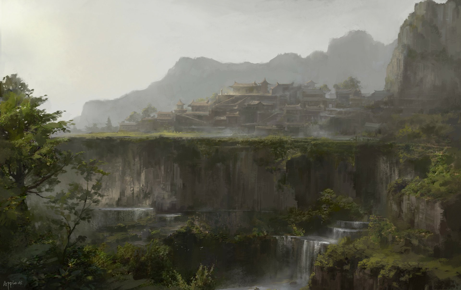 Mystic Cliffside Cityscape – HD Fantasy Landscape Wallpaper by APPLE XieBin