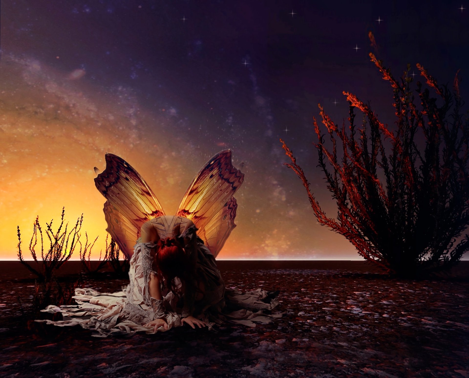 Mystical Red-Haired Fairy Wings HD Fantasy Wallpaper