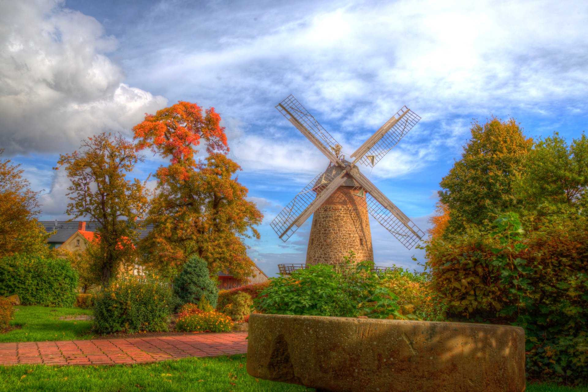 Stunning HDR Fall Landscape with Windmill - 4K Ultra HD Wallpaper