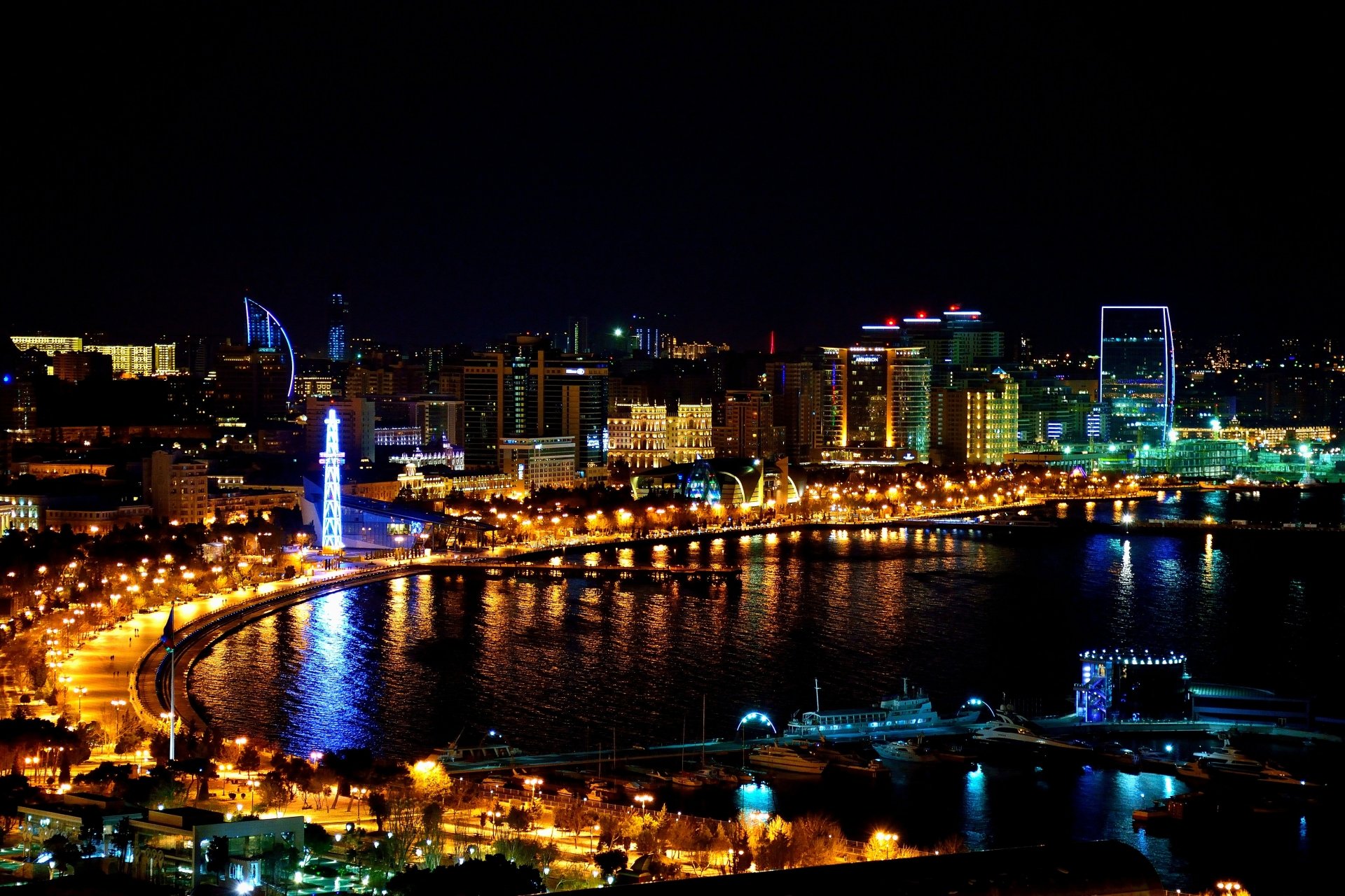 Baku Coastline Nights: Stunning 4K Cityscape with Shimmering Lights