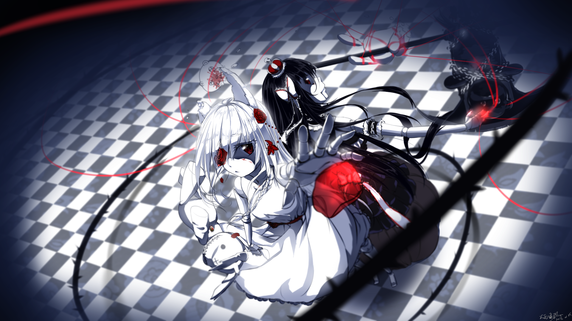 Original Anime HD Wallpaper: Dark Duality on a Checkerboard Stage by あめ