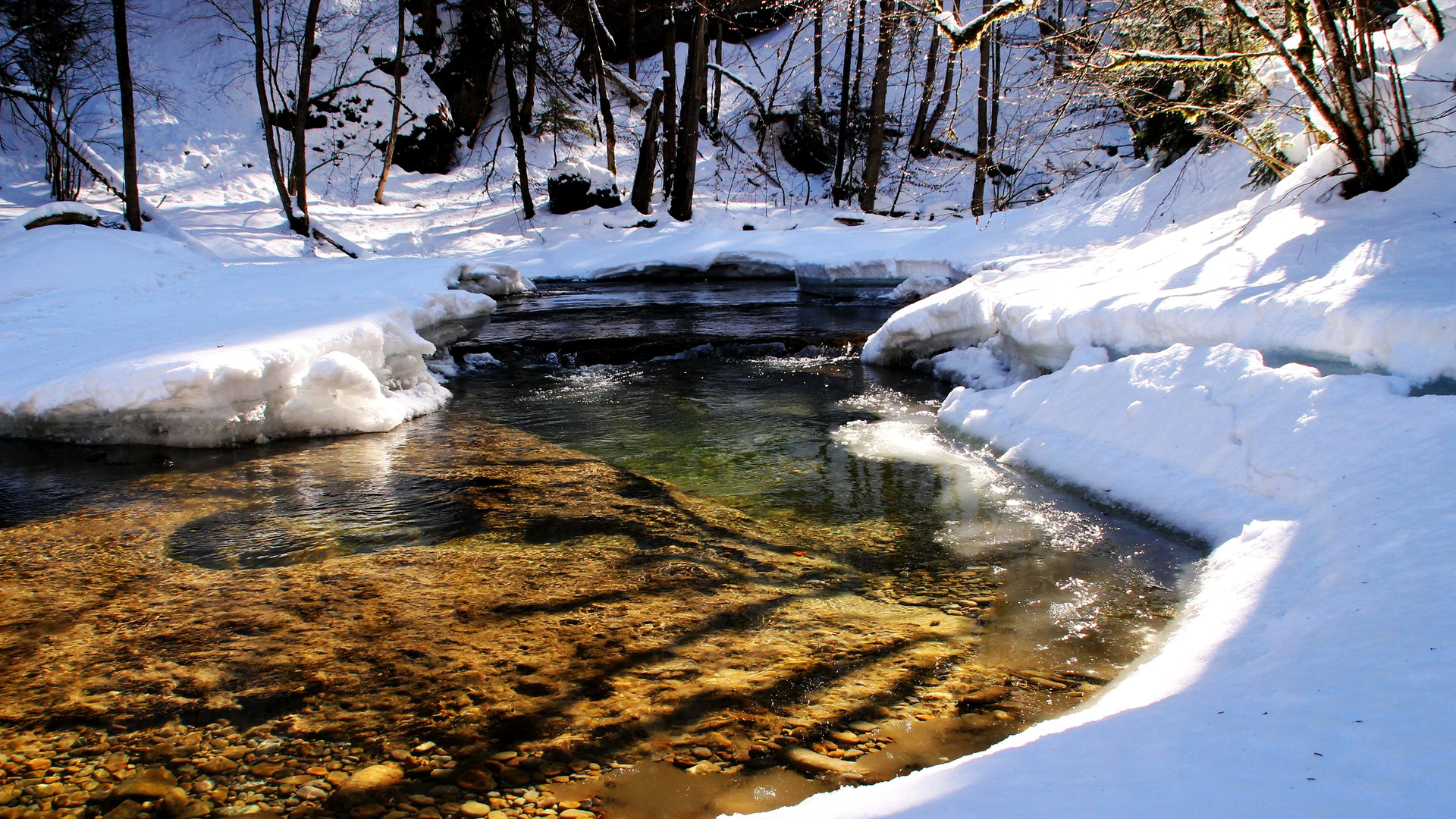 Download Snow Winter Nature Stream HD Wallpaper