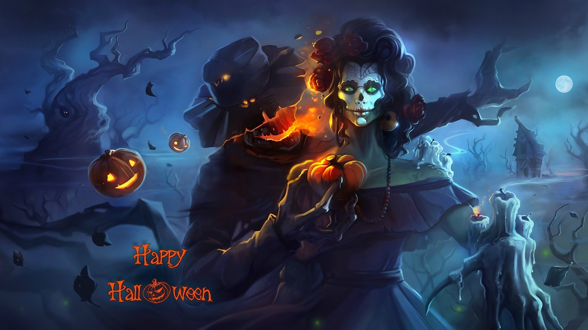 Enchanting Halloween HD Wallpaper: Sugar Skull & Jack-o'-Lantern ...