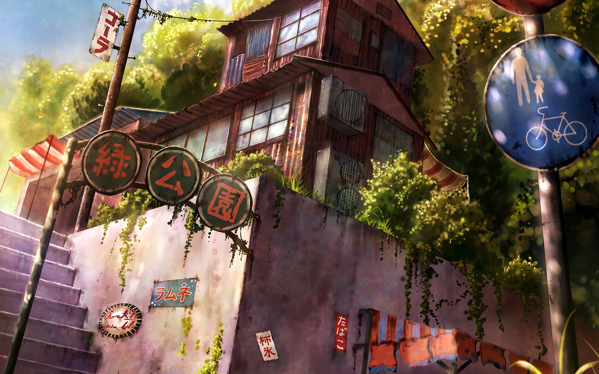 Serene Anime Streetscape: HD Building & Nature Harmony by コーラ