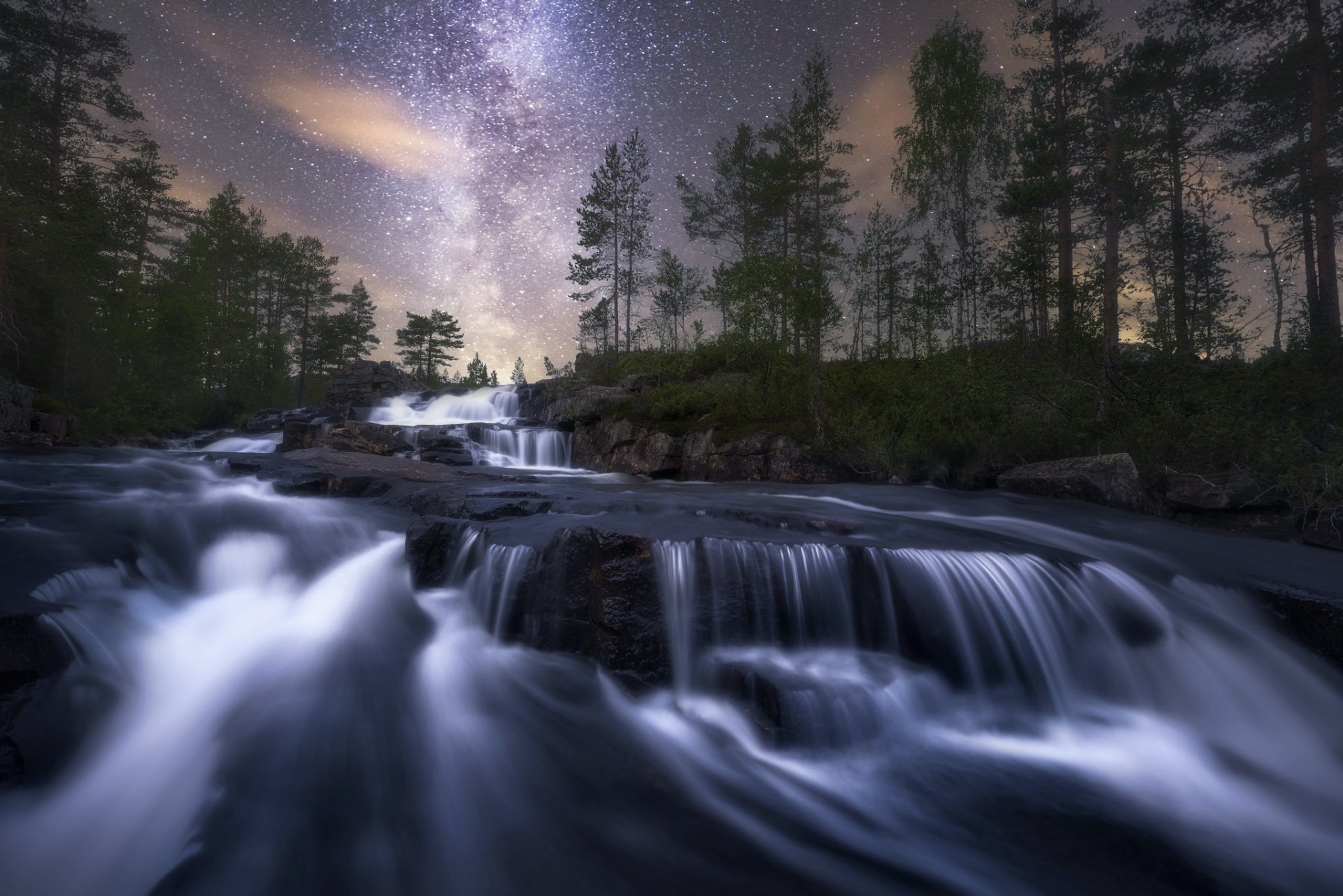 Download Waterfall Tree Starry Sky Night Nature Foam River HD Wallpaper